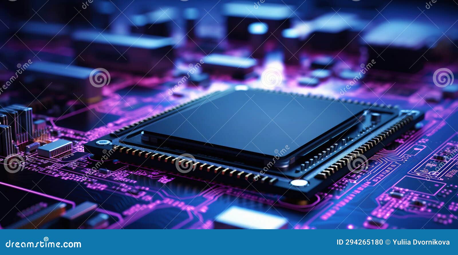 Heart of the Machine: Microprocessor in Purple Glow. Motherboard ...