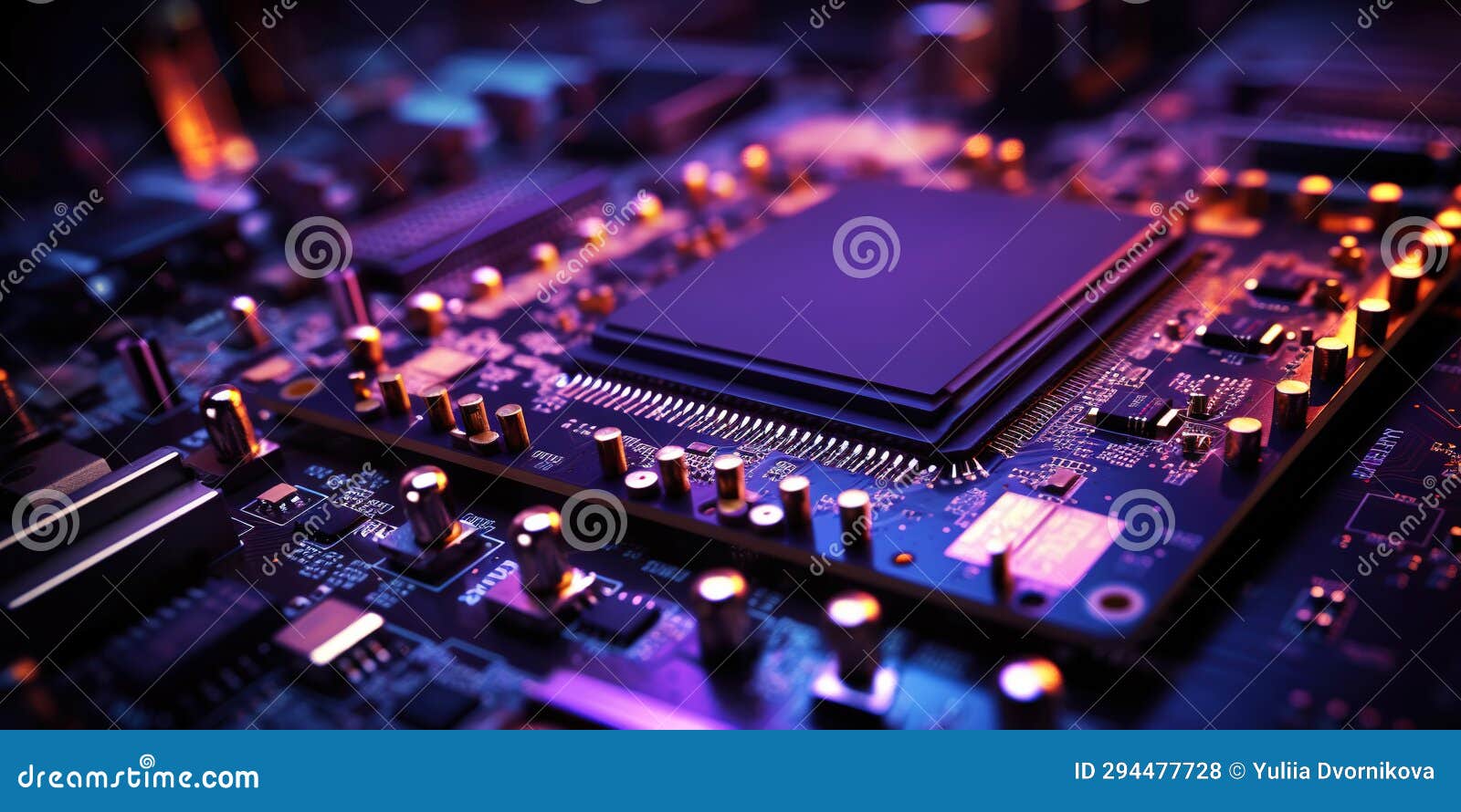 Heart of the Machine: Microprocessor in Purple Glow. Motherboard ...