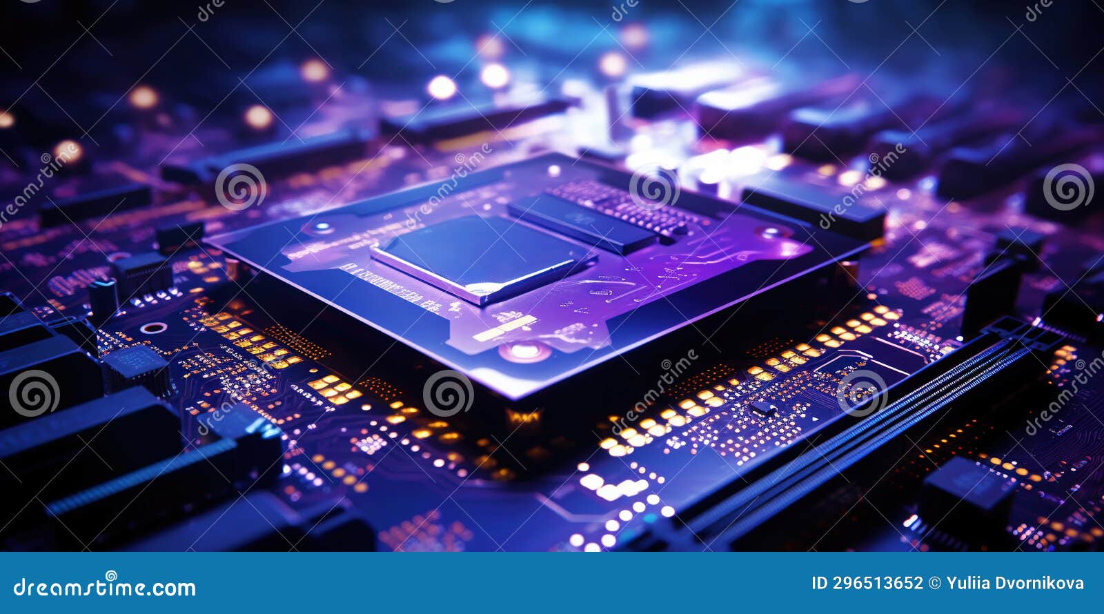 Heart of the Machine: Microprocessor in Purple Glow. Motherboard ...
