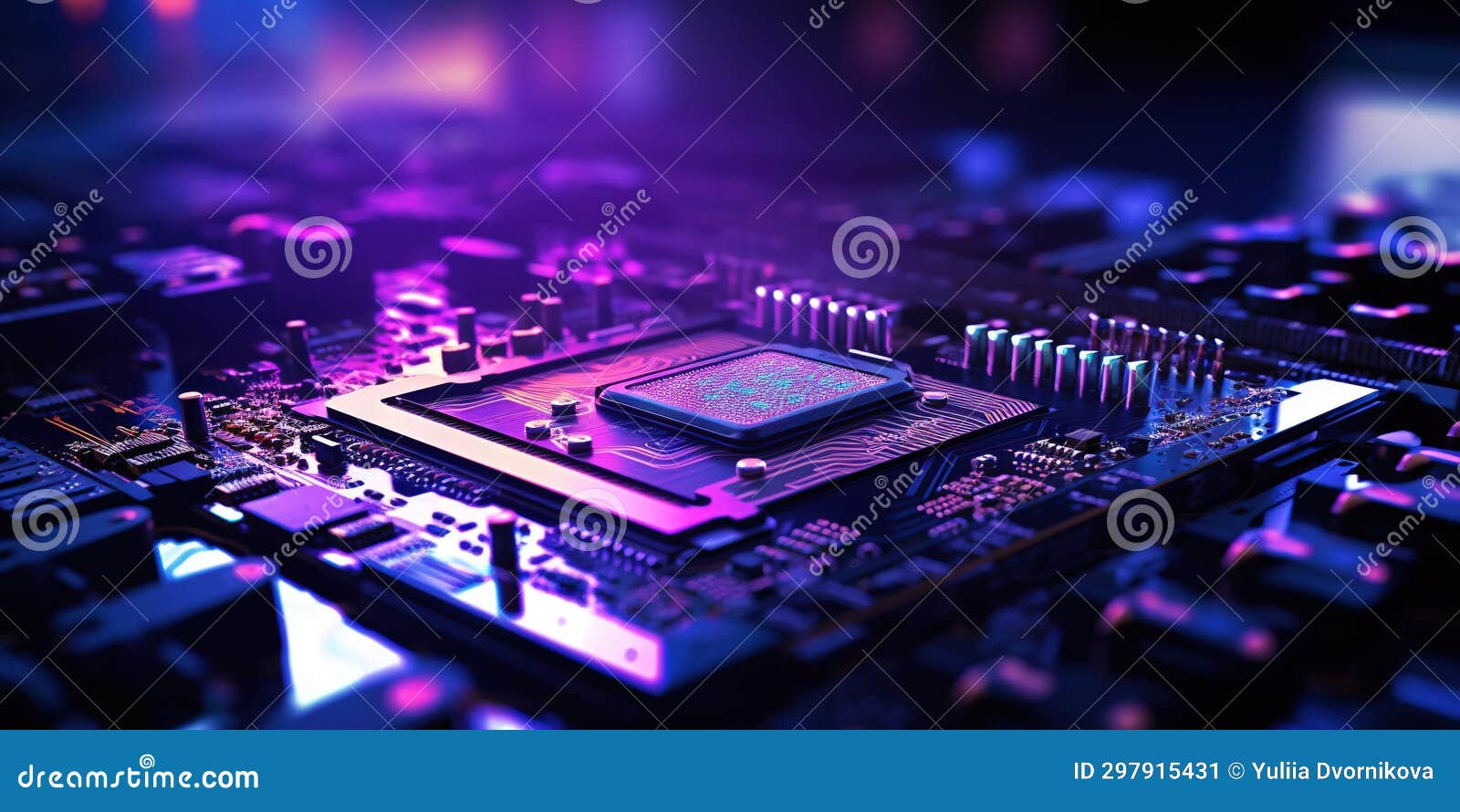 Heart of the Machine: Microprocessor in Purple Glow. Motherboard ...