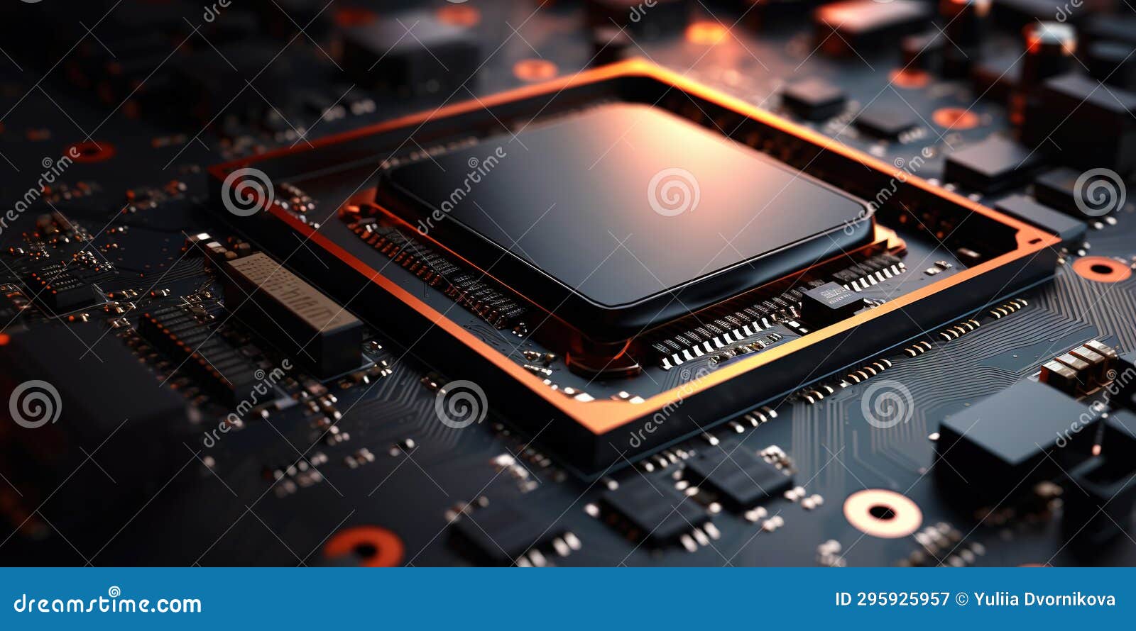 Heart of the Machine: Microprocessor in Warm Glow. Red Motherboard ...