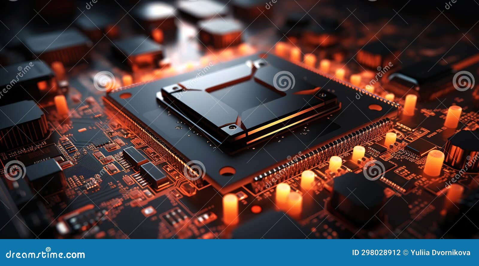 Heart of the Machine: Microprocessor in Warm Glow. Red Motherboard ...