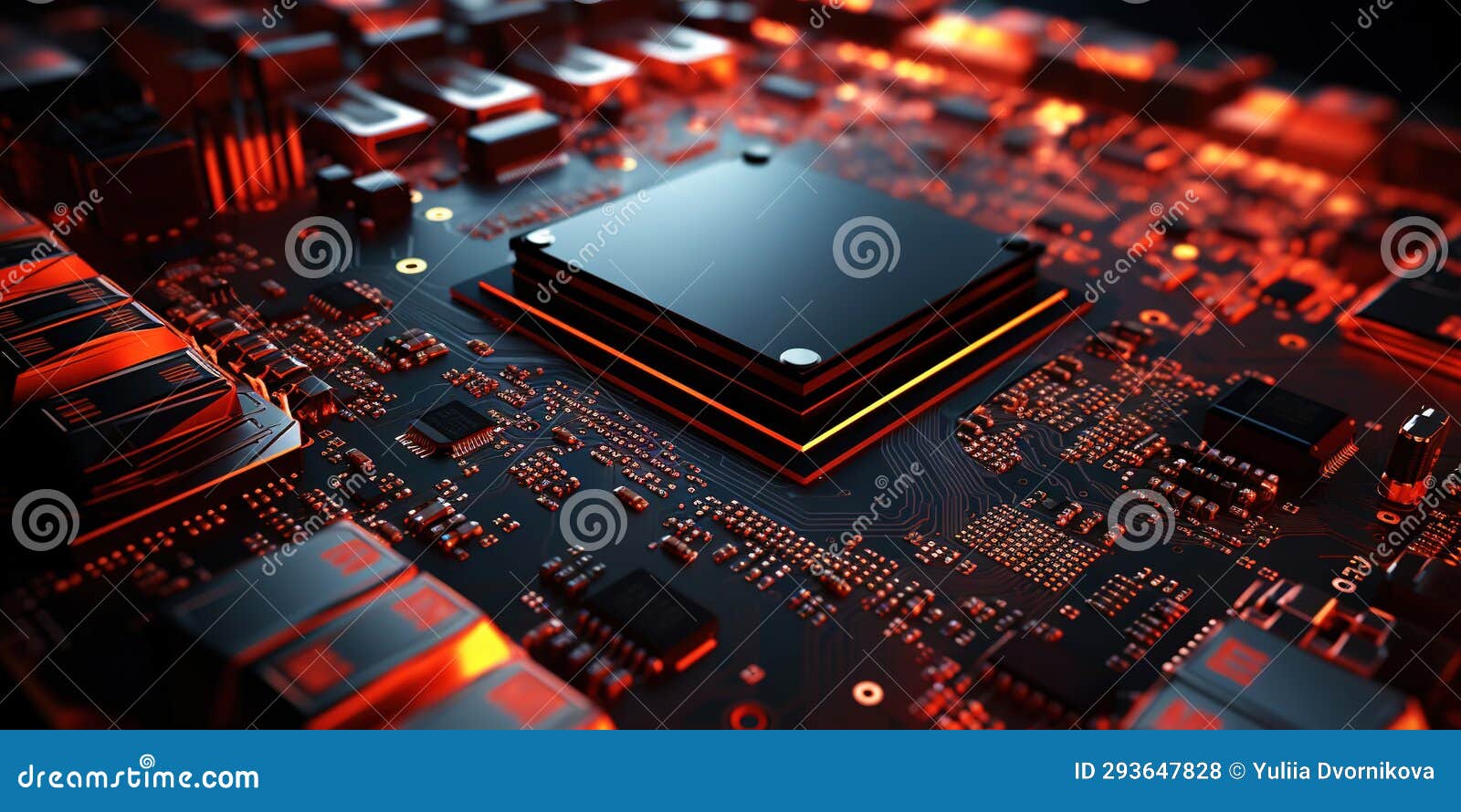 Heart of the Machine: Microprocessor in Warm Glow. Red Motherboard ...