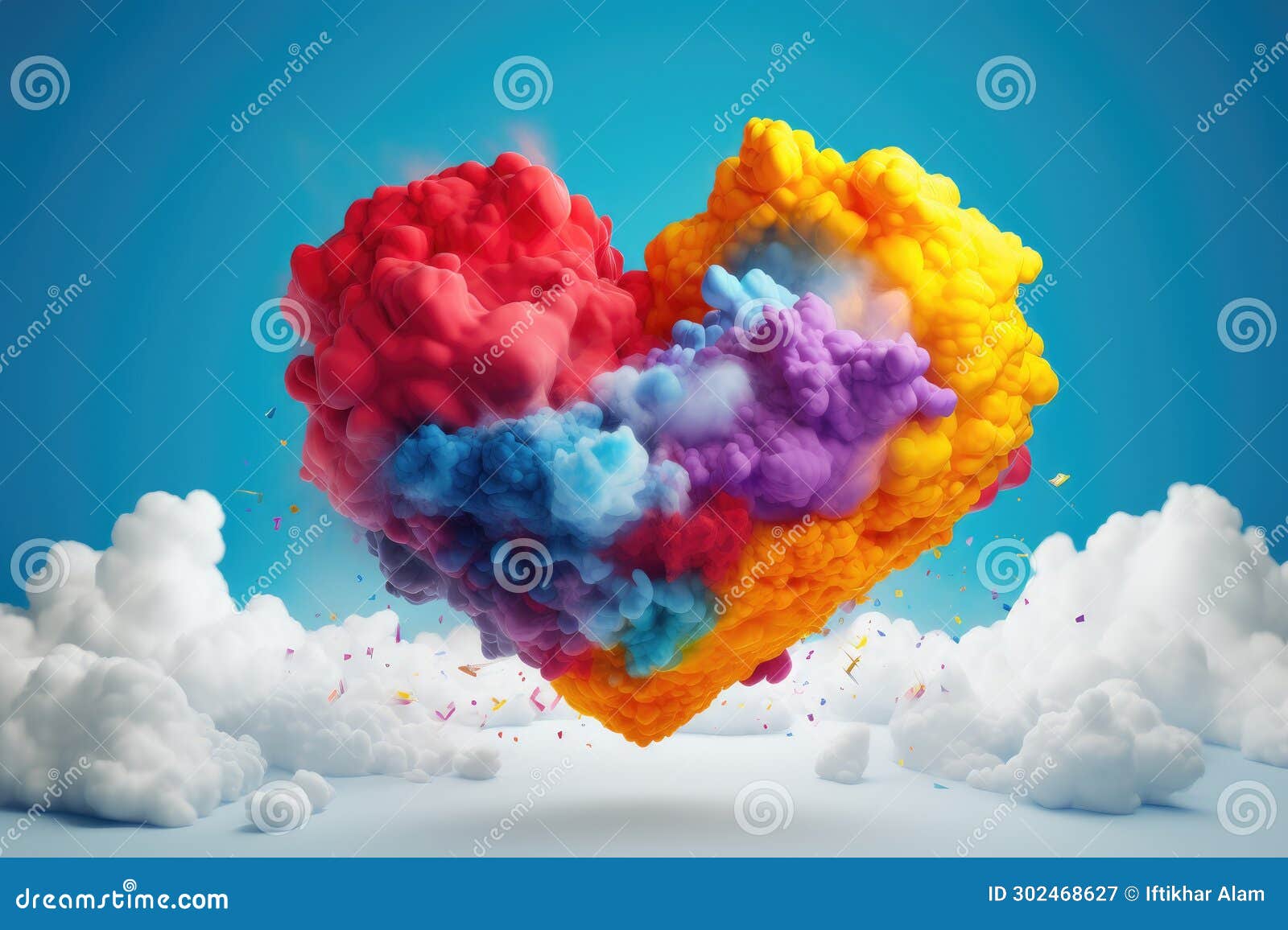 Heart Made of Colorful Clouds on Blue Sky Background. 3D Rendering ...