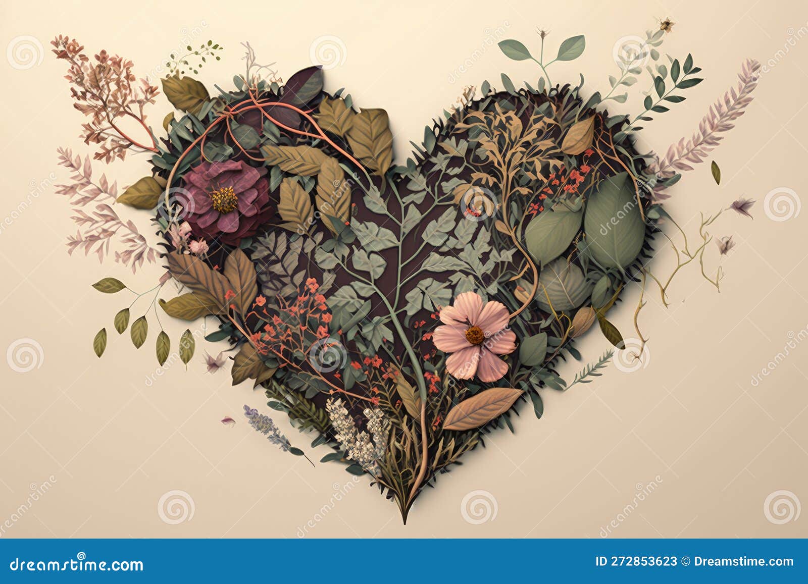 Heart Made of Leaves and Flowers, Surrounded by Delicate Artwork Stock ...