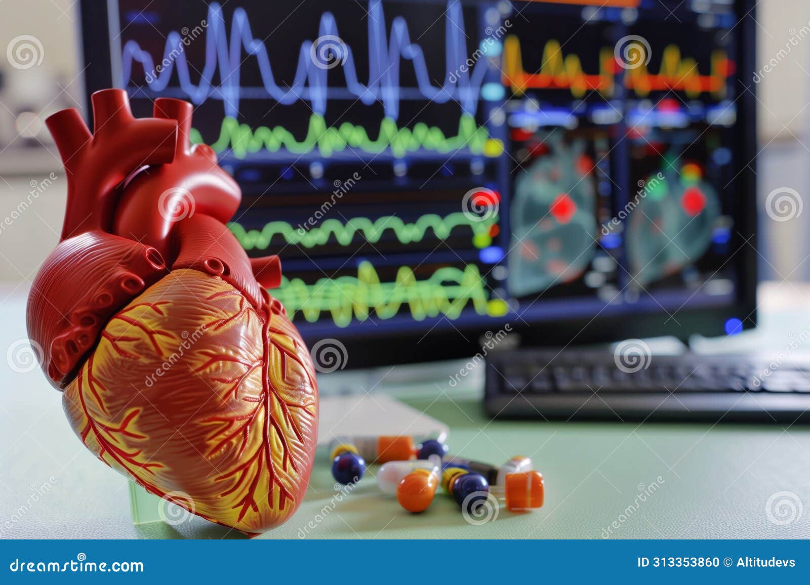 Heart Model in Front of a Computer with Ekg Data Stock Photo - Image of ...