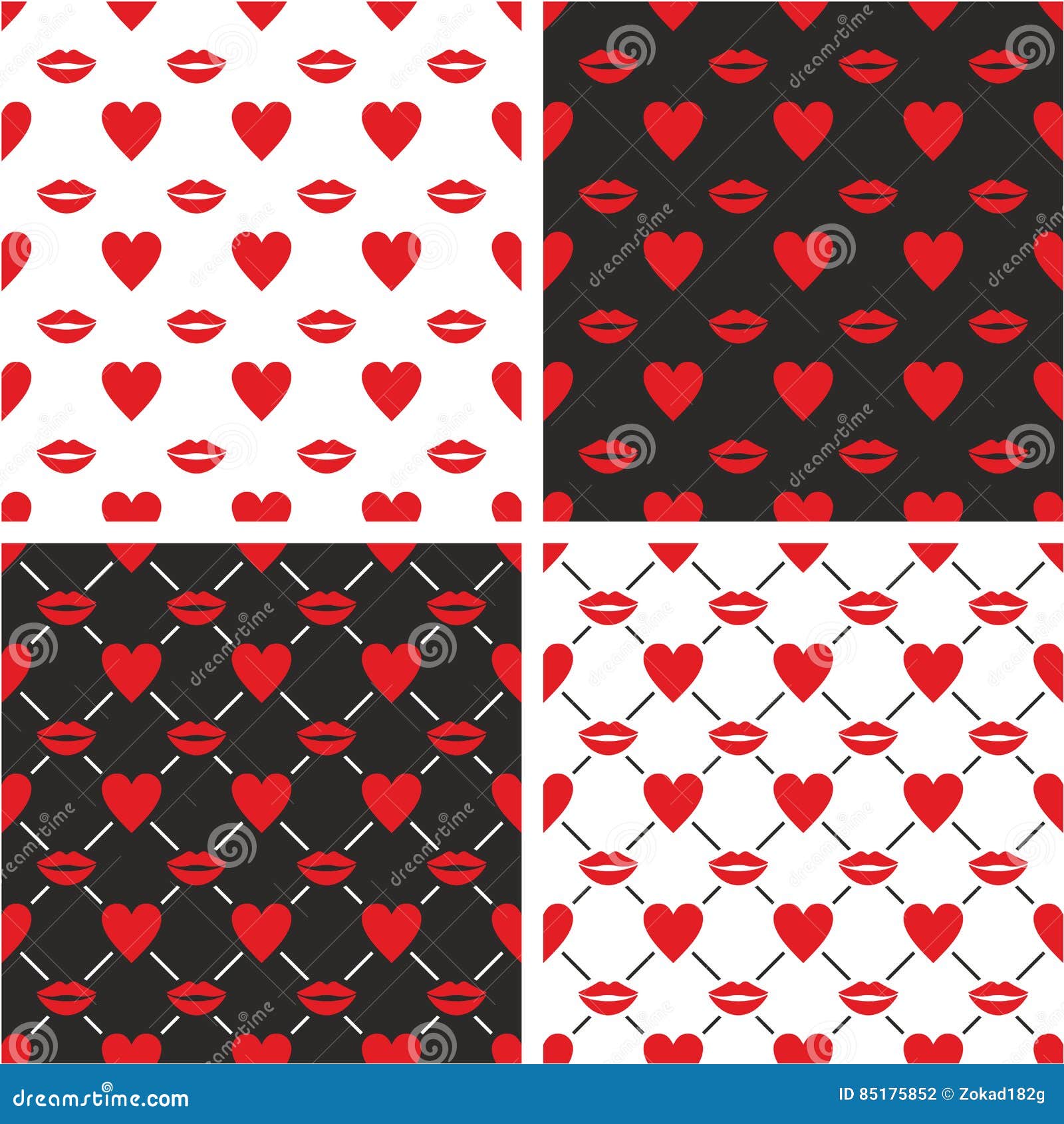 Heart & Red Lips Seamless Pattern Set Stock Vector - Illustration of ...