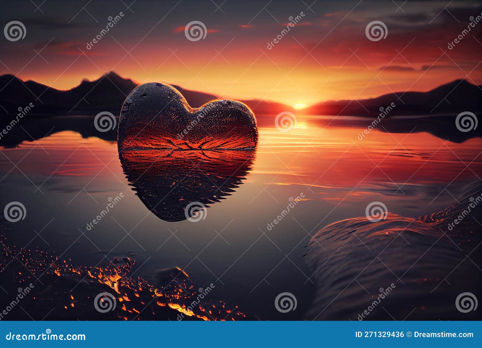 Heart Reflection in Water at Sunset. Realistic Ilustration. Generative ...