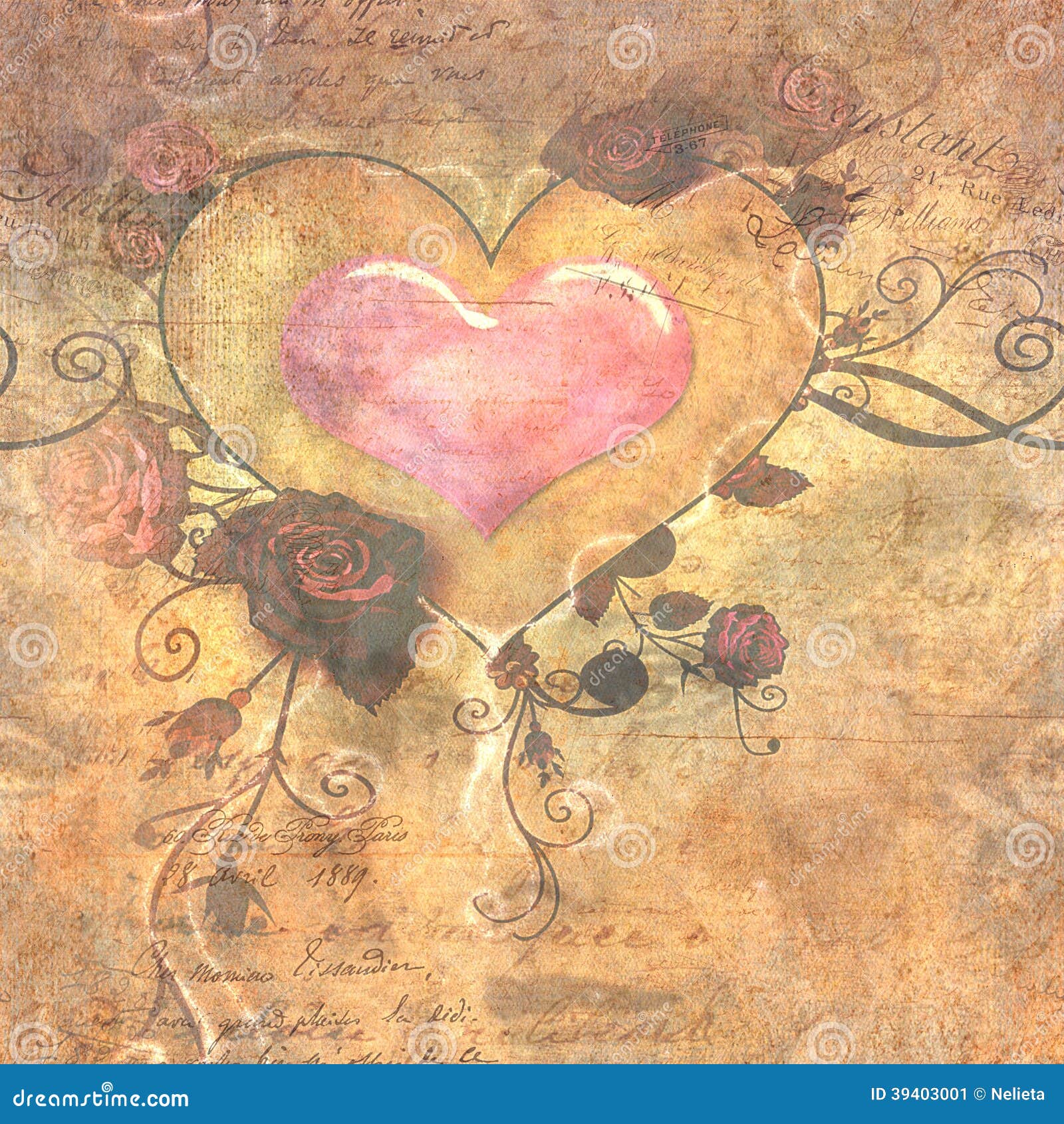 Heart and Rose Vintage Paper Stock Illustration - Illustration of ...