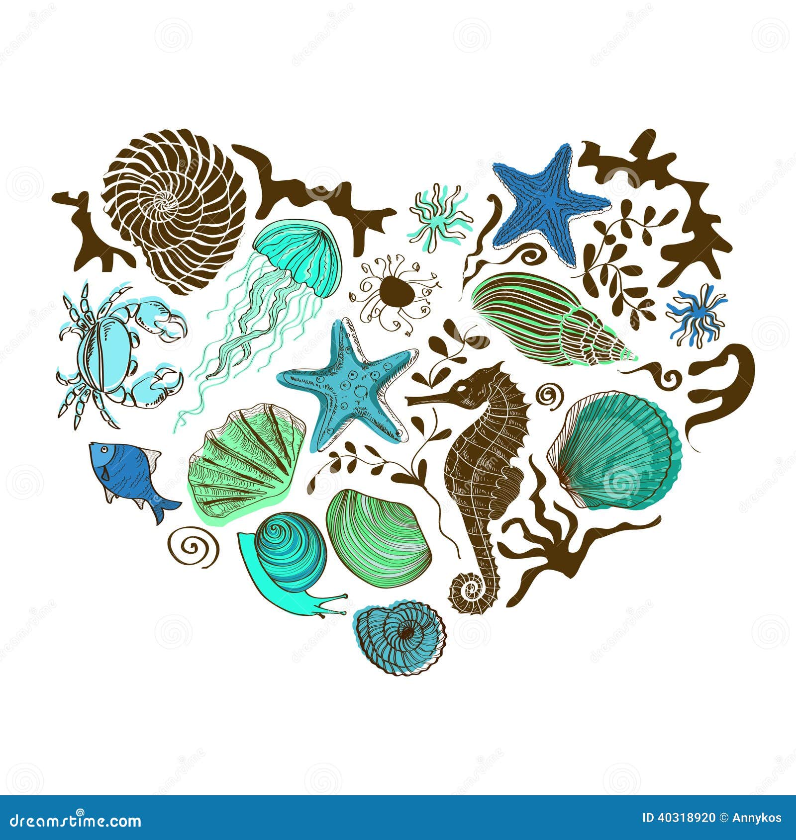 Heart of Sea Animals and Shells Stock Vector - Illustration of print ...