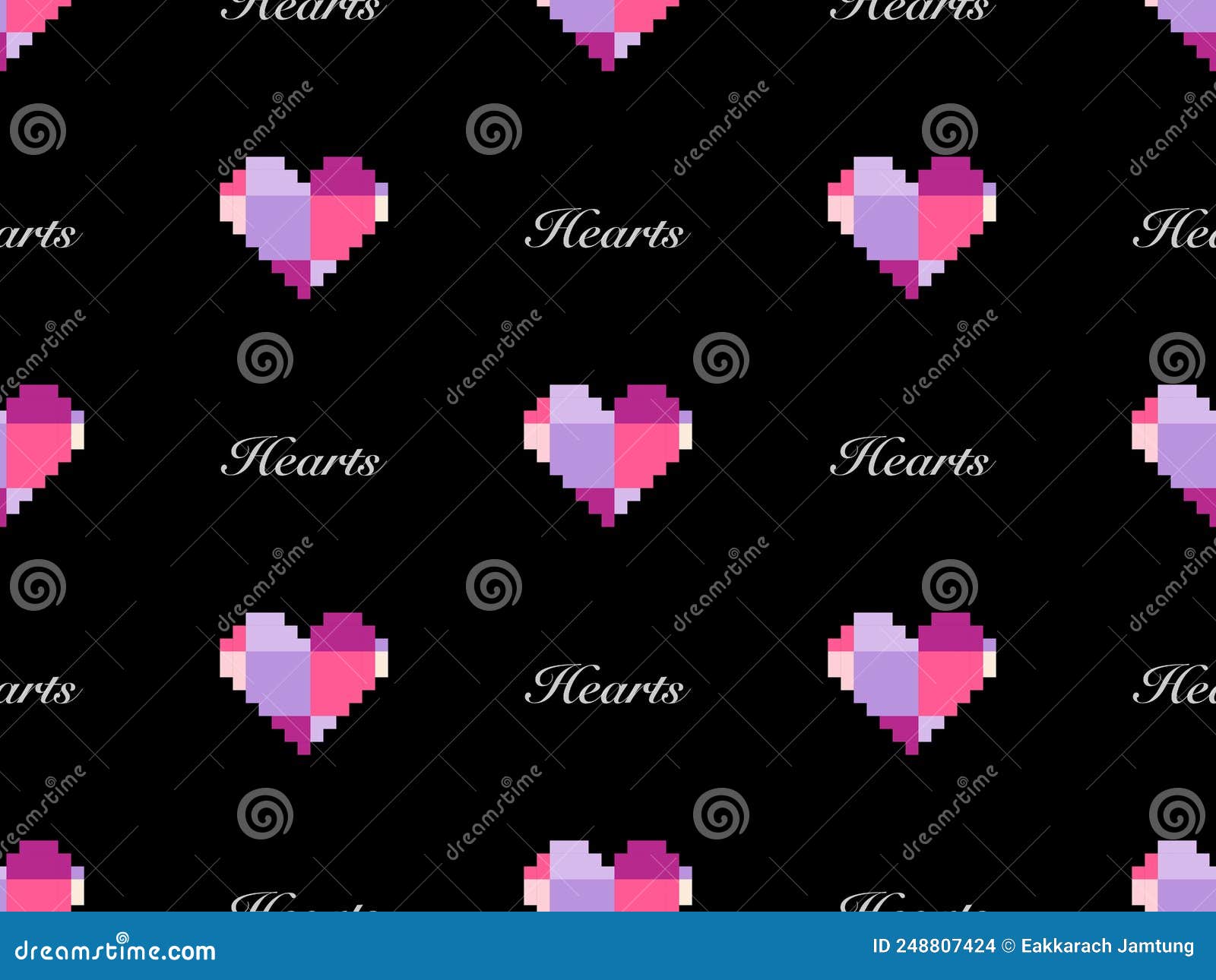Heart Seamless Pattern on Black Background. Pixel Style Stock ...