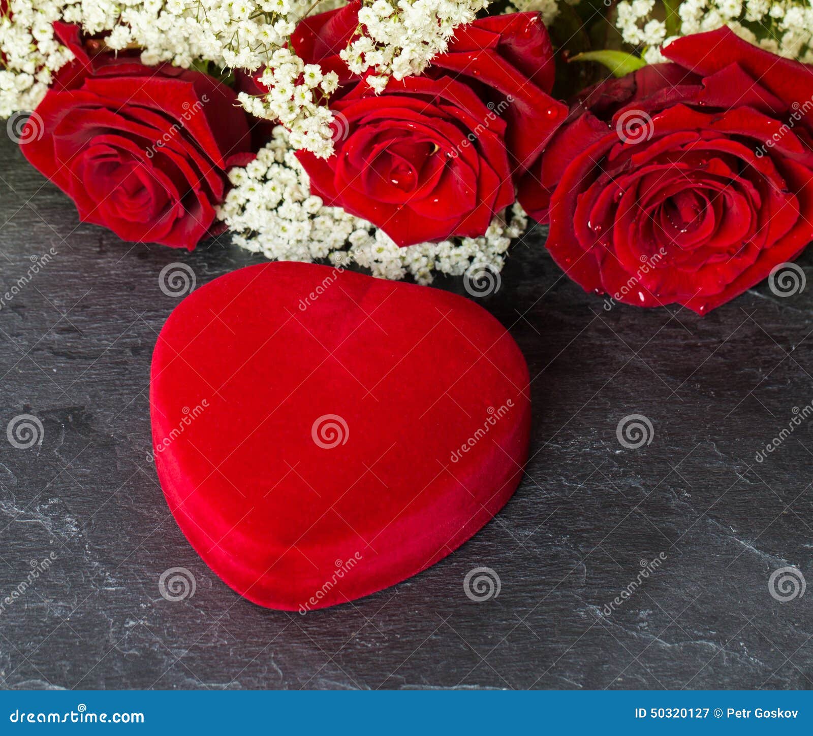 Heart Shape Gift Box, and Red Roses Bouquet Stock Image - Image of ...