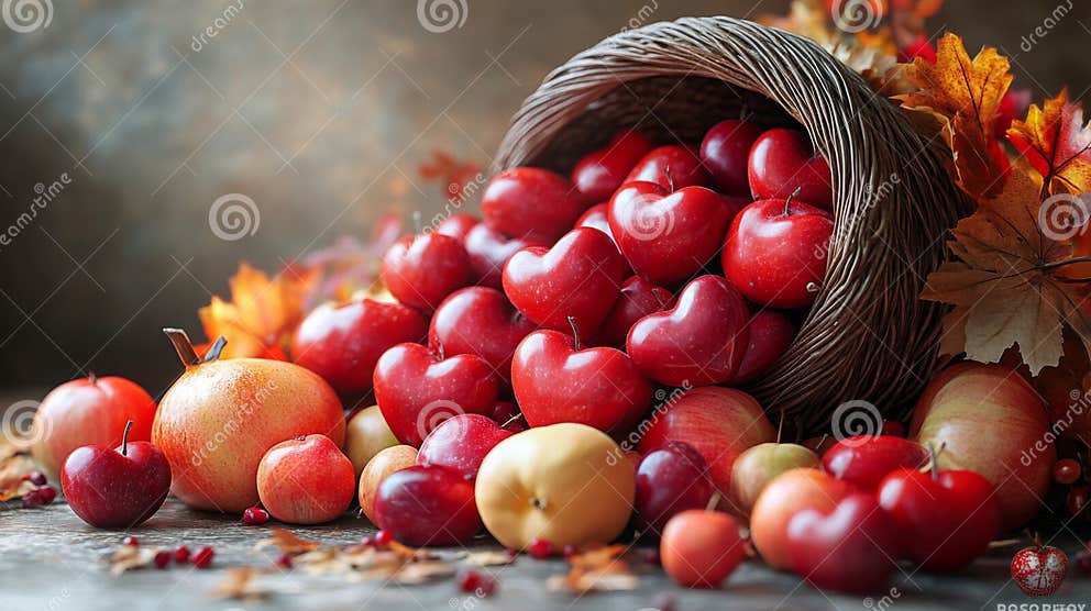 Heart Shaped Apples in a Cornucopia with Autumn Leaves Stock ...