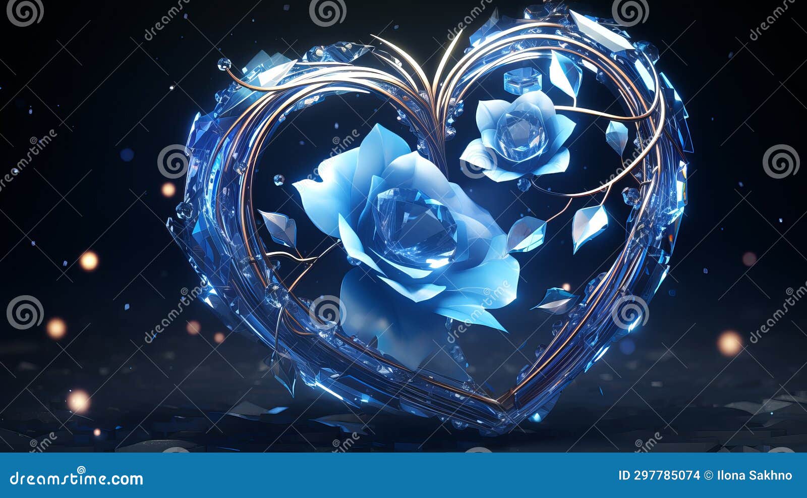 A Heart Shaped Blue Rose Surrounded by Crystals Stock Illustration ...