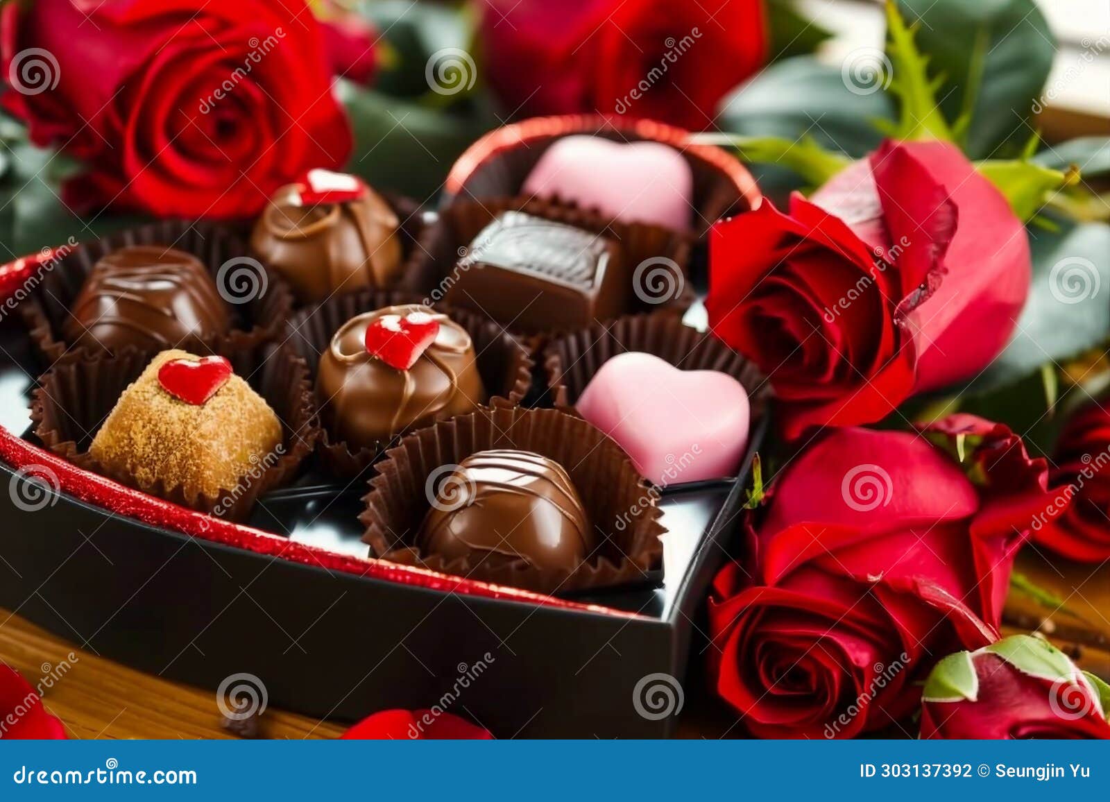 Heart Shaped Box of Chocolate Truffles with Red Roses. Stock Photo ...