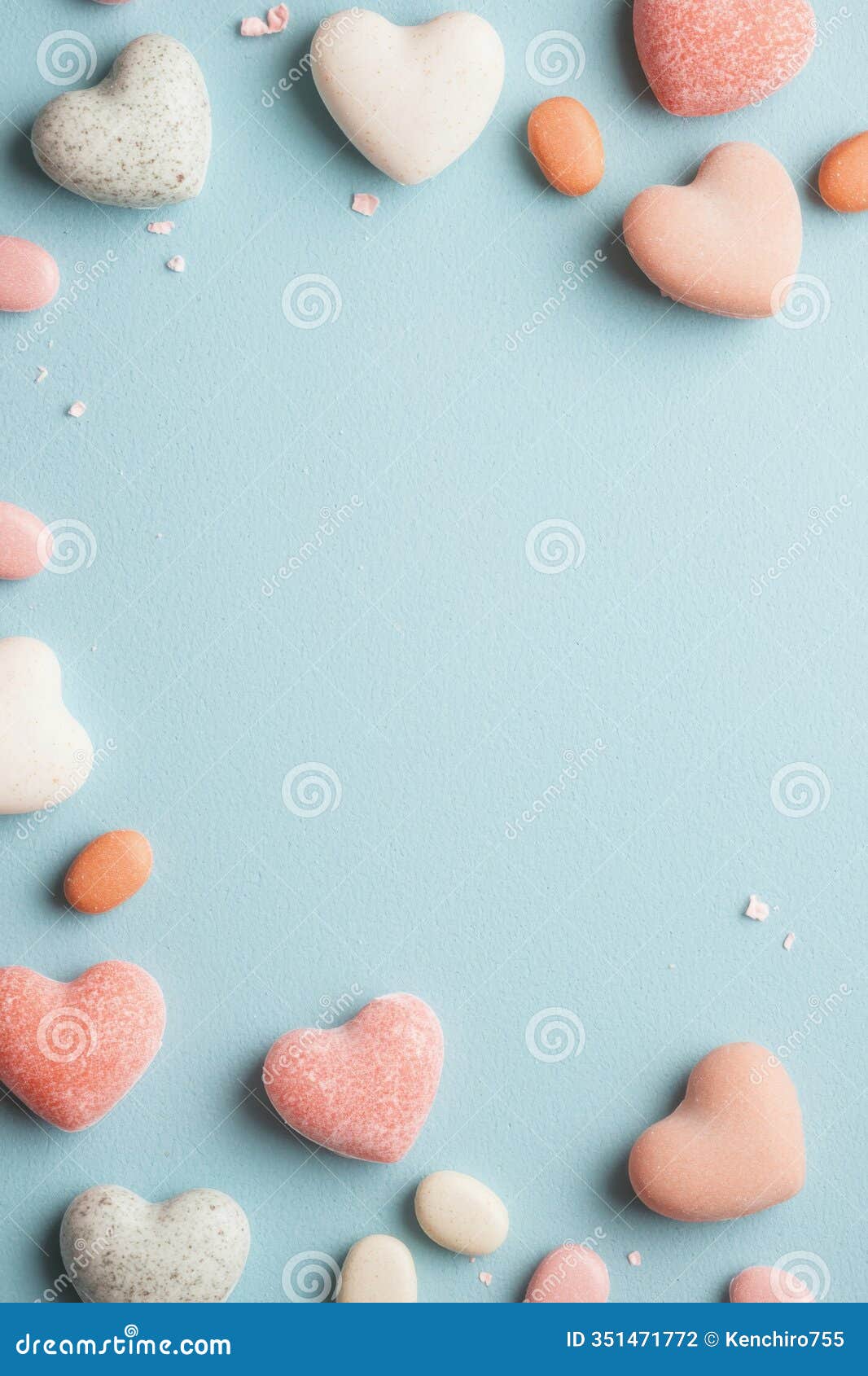 Heart Shaped Candies on Blue Background with Scattered Pieces Stock ...