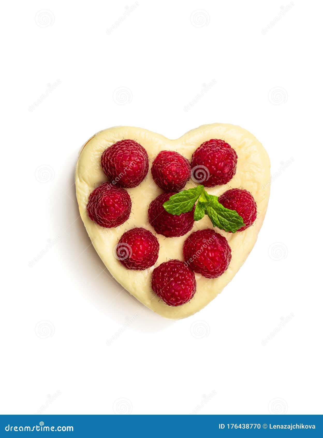 Heart Shaped Cheesecake with Raspberry Isolated on White. Top View ...