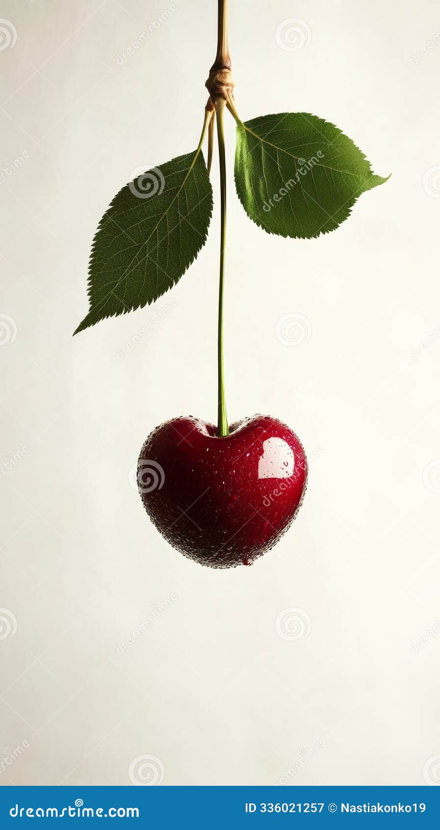 Heart Shaped Cherry with Stem and Leaves on White Background Stock ...