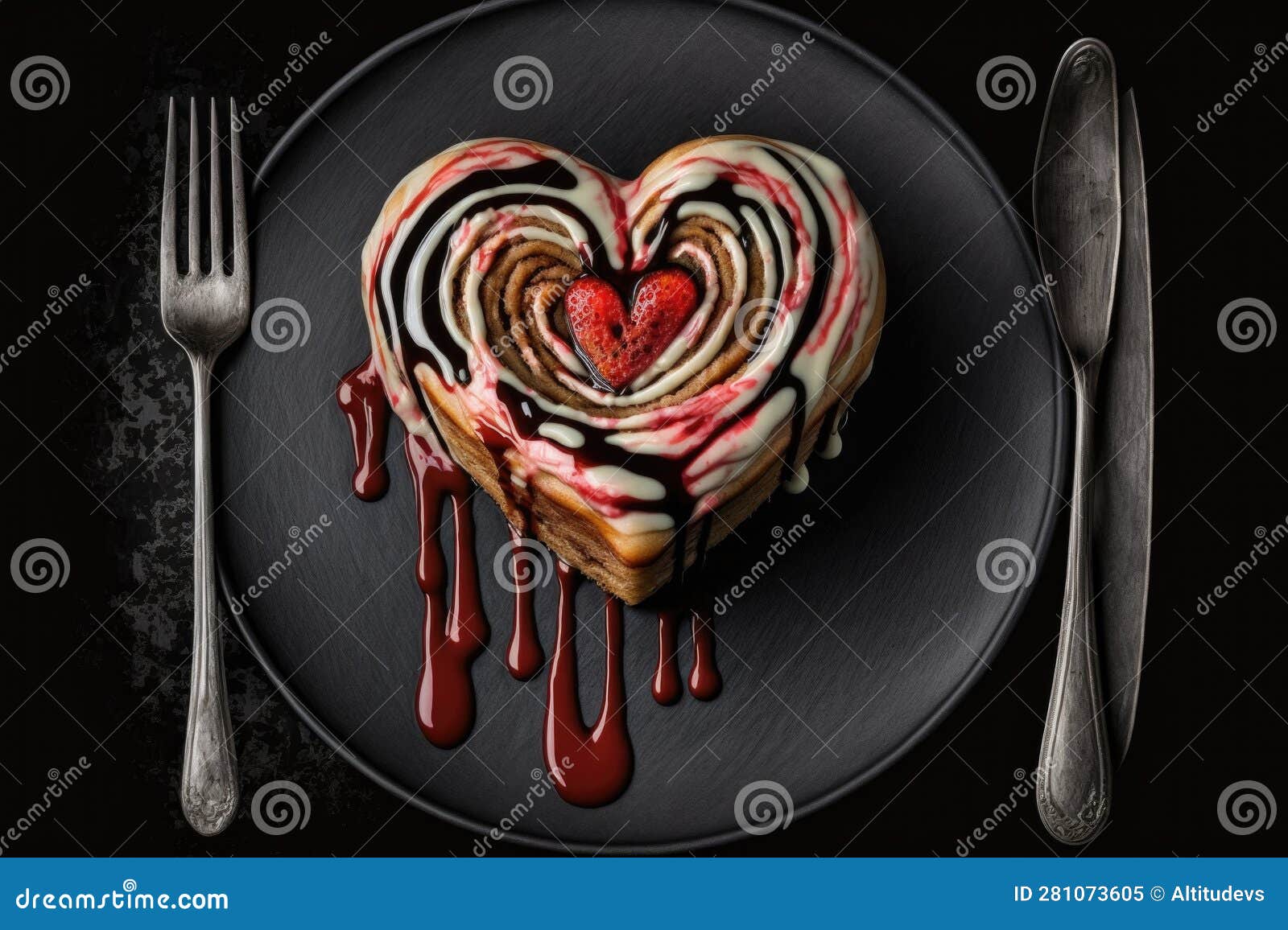 Heart-shaped Cinnamon Roll on a Black Plate with Red Drizzle Stock ...