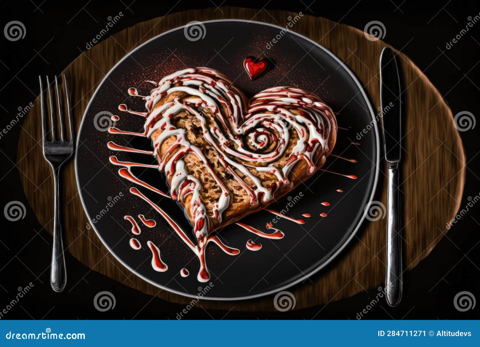 Heart-shaped Cinnamon Roll on a Black Plate with Red Drizzle Stock ...