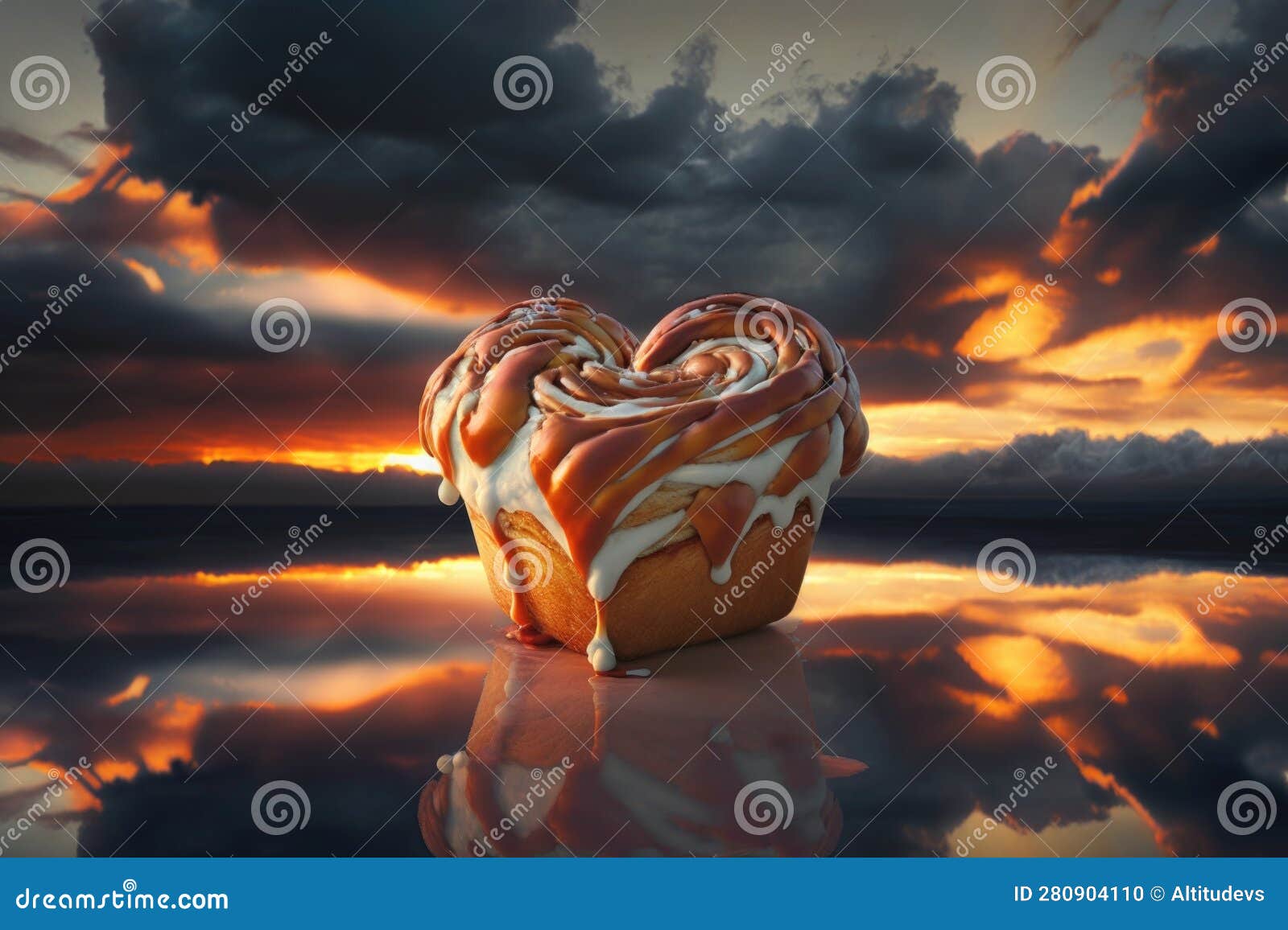 Heart-shaped Cinnamon Roll with Drizzled Icing, Set Against Dramatic ...