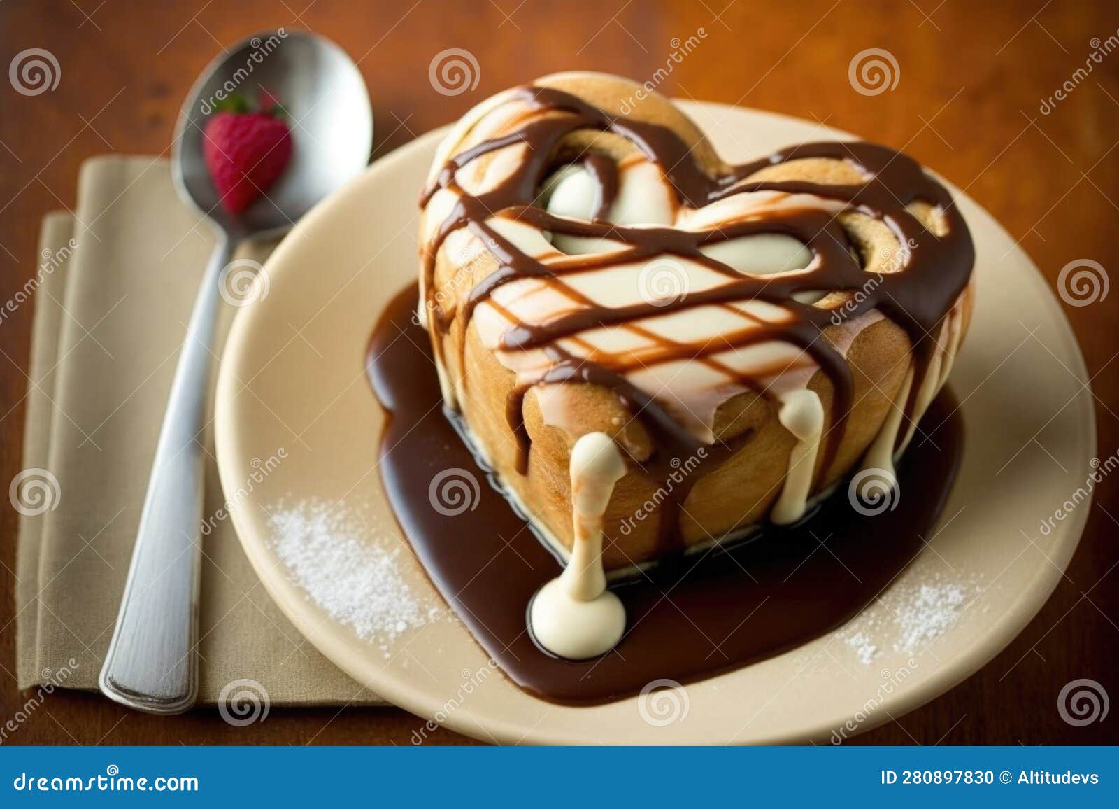 Heart-shaped Cinnamon Roll Topped with Drizzle of Warm Melted Chocolate ...