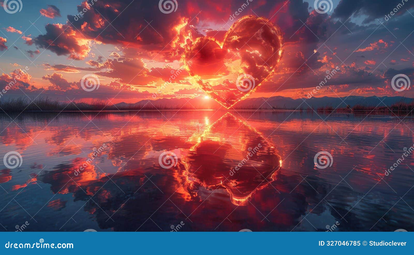Heart-shaped Cloud Reflection at Sunset - Generative Ai Stock Illustration - Illustration of ...