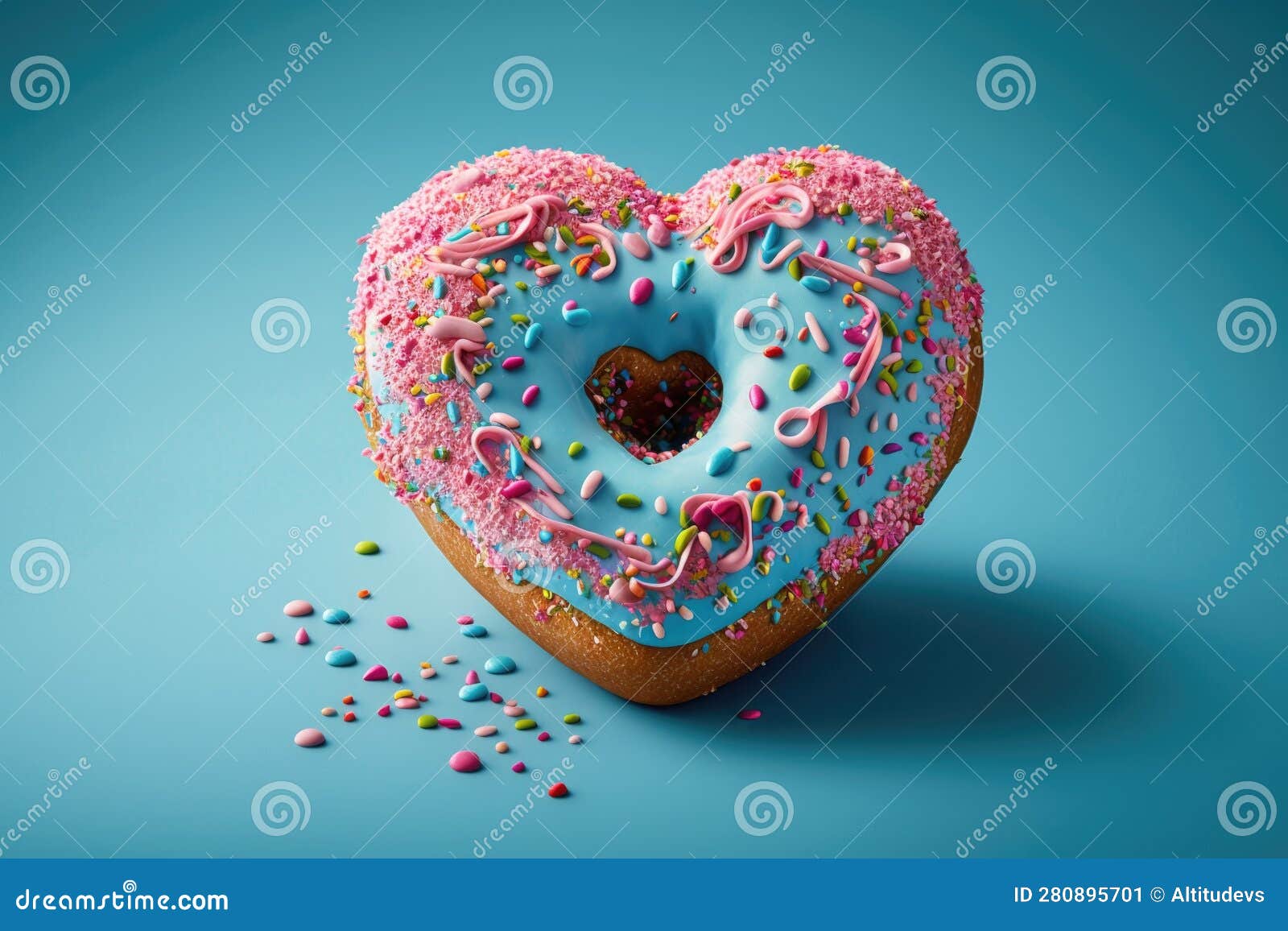 Heart-shaped Donut with Pink Icing and Sprinkles on Blue Background ...