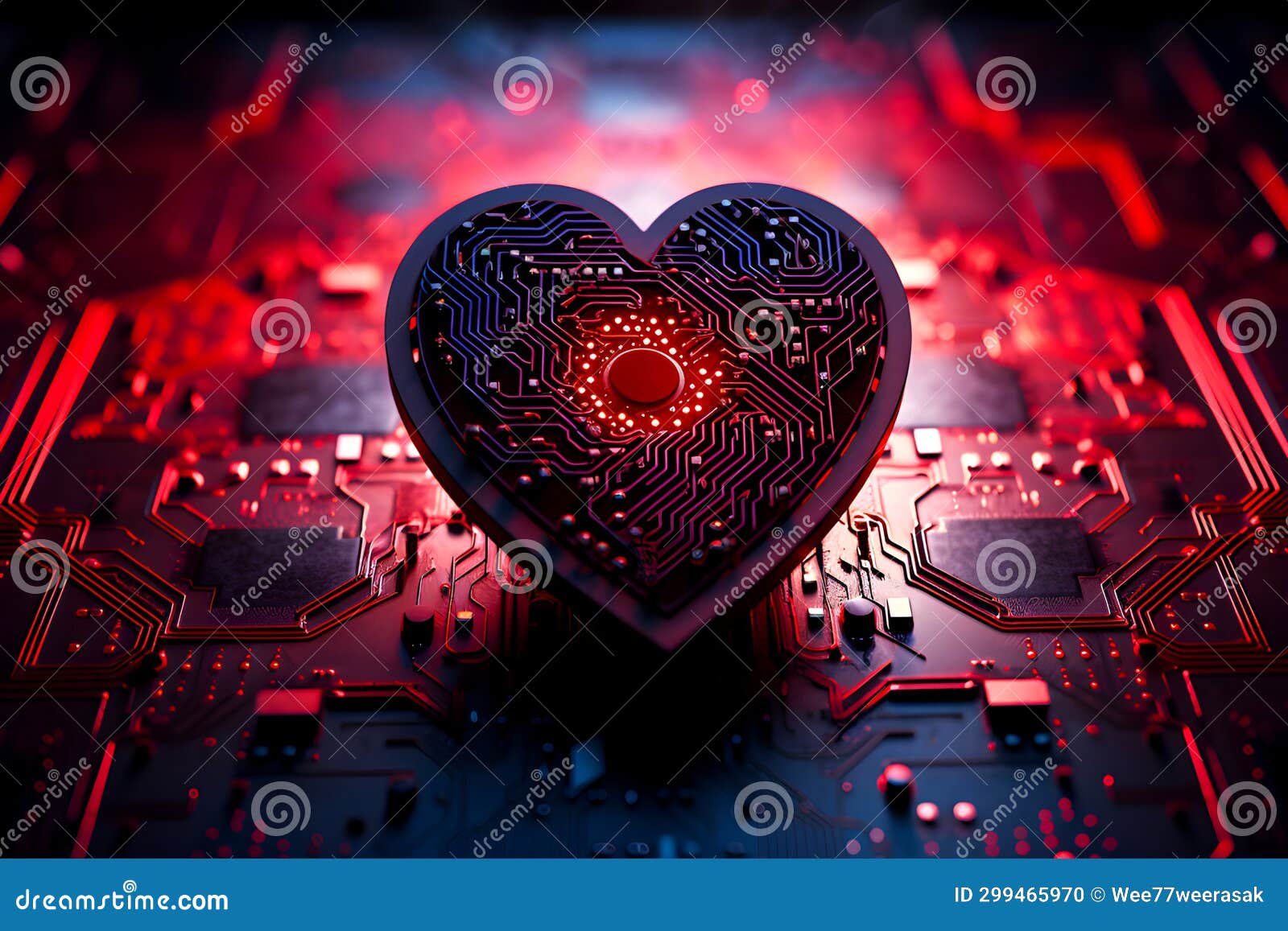 Heart-shaped Electronic Circuit on a Motherboard, with Red Lights and ...