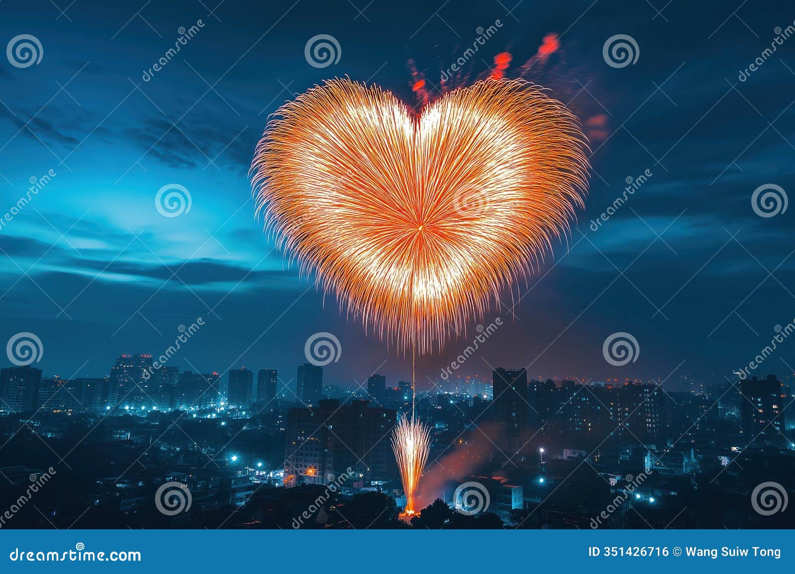 Giant Fireworks Heart Exploding Over City at Night Stock Illustration ...