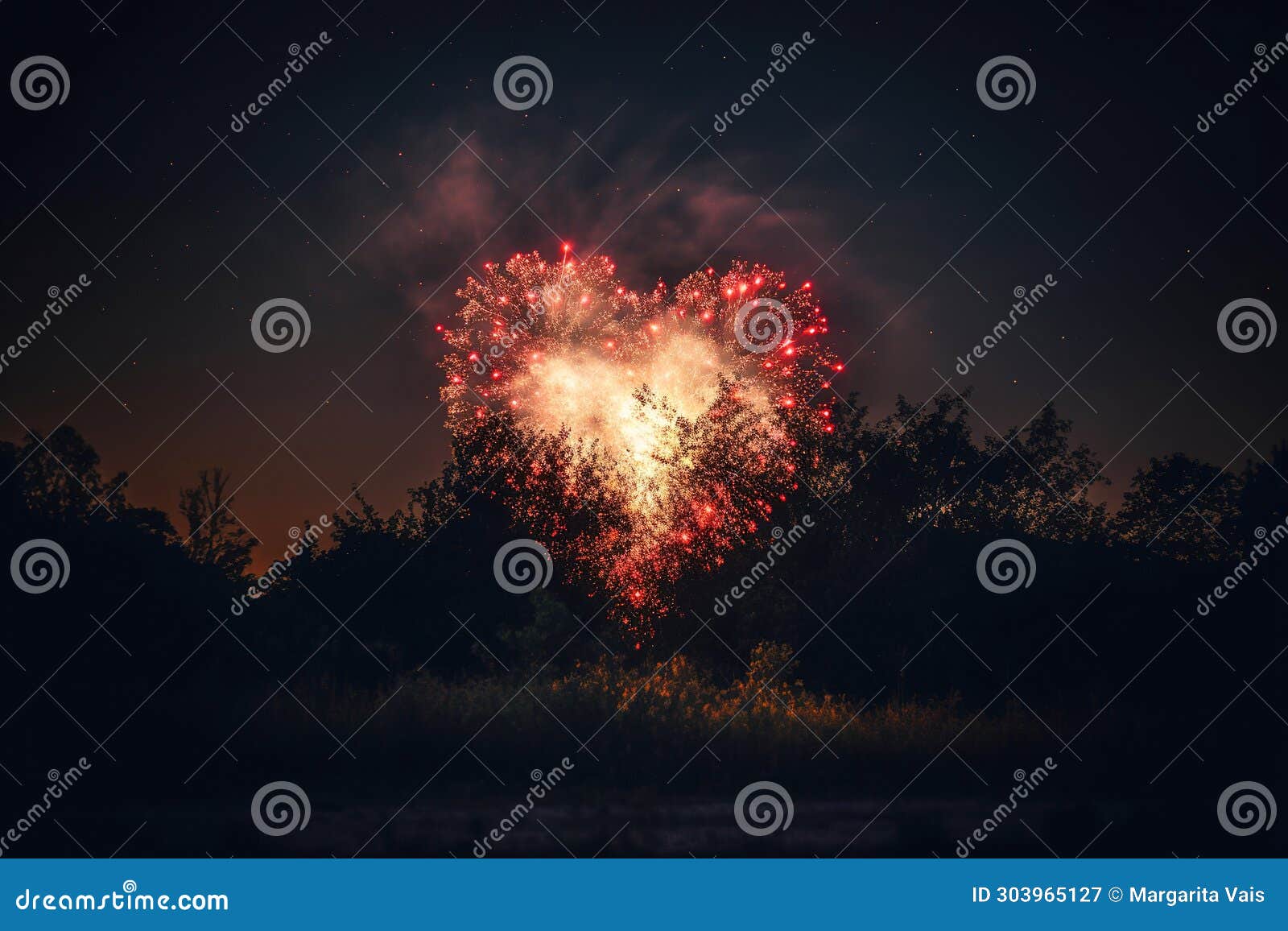 Heart Shaped Fireworks in the Night Forest Stock Illustration ...