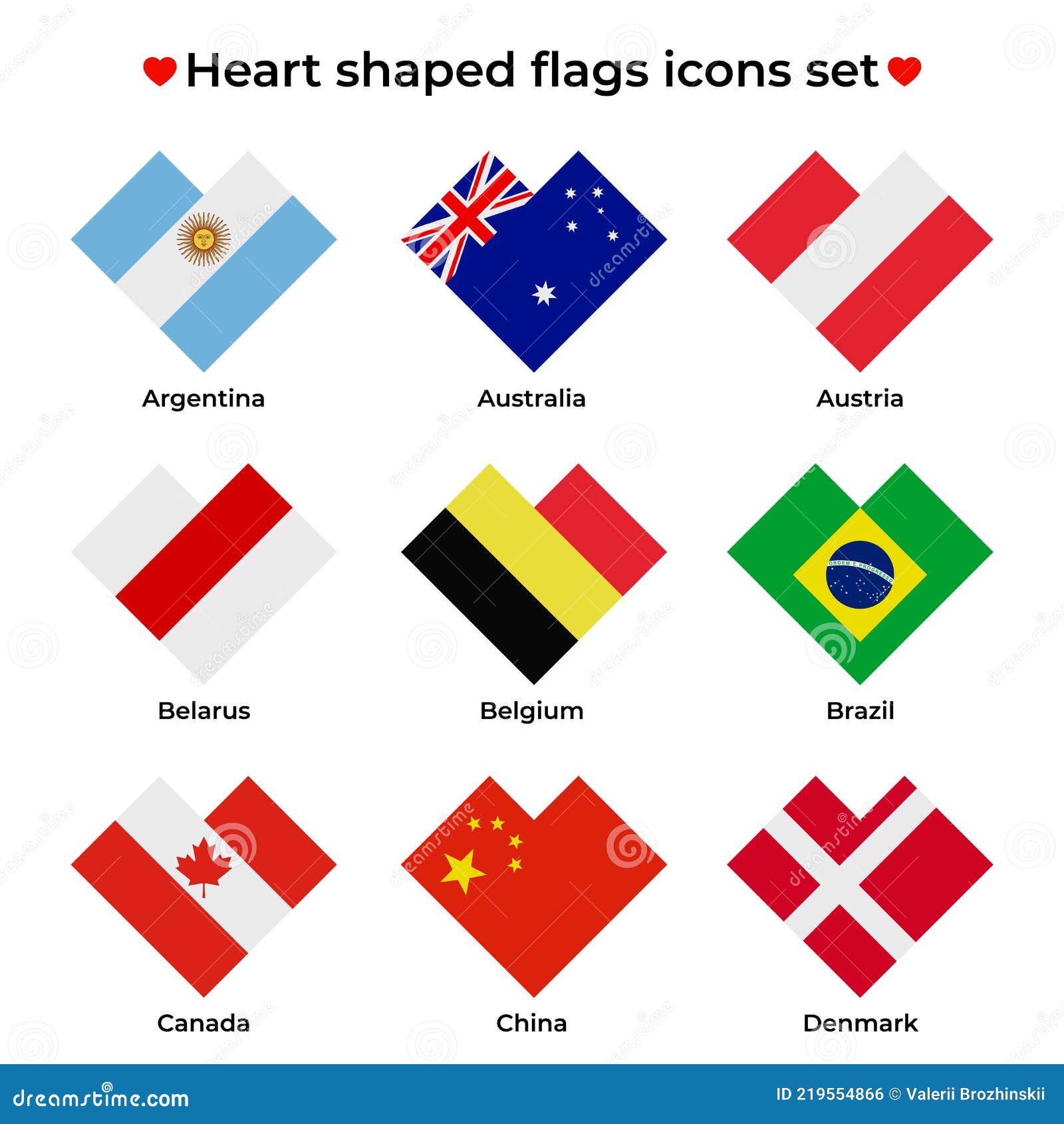 Heart Shaped Flags Icons Set. Flag Icon in Simple Rectangular Heart ...