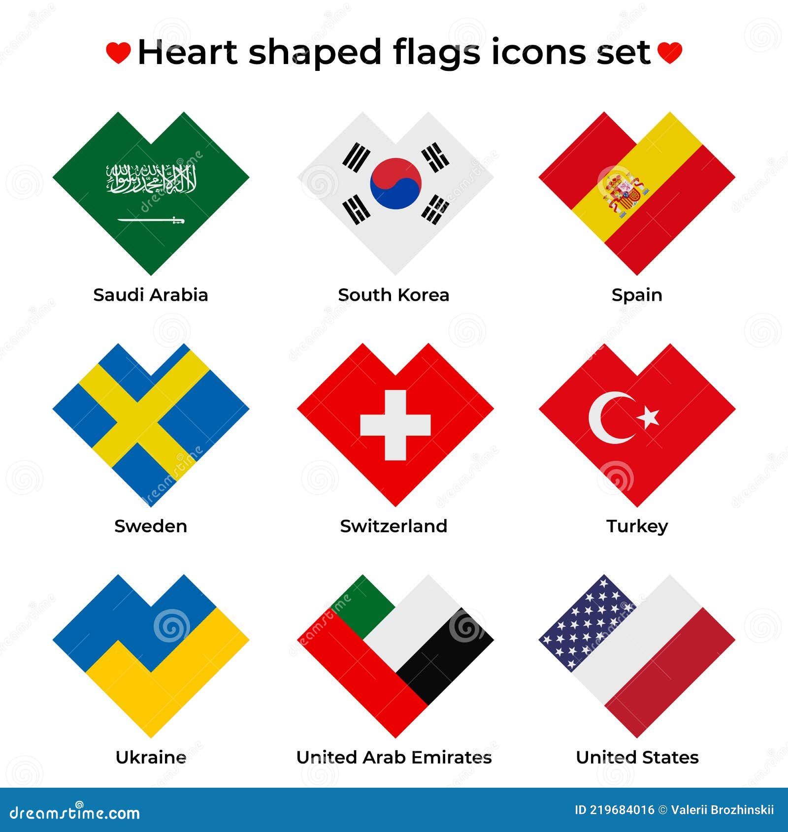 Heart Shaped Flags Icons Set. Flag Icon in Simple Rectangular Heart ...