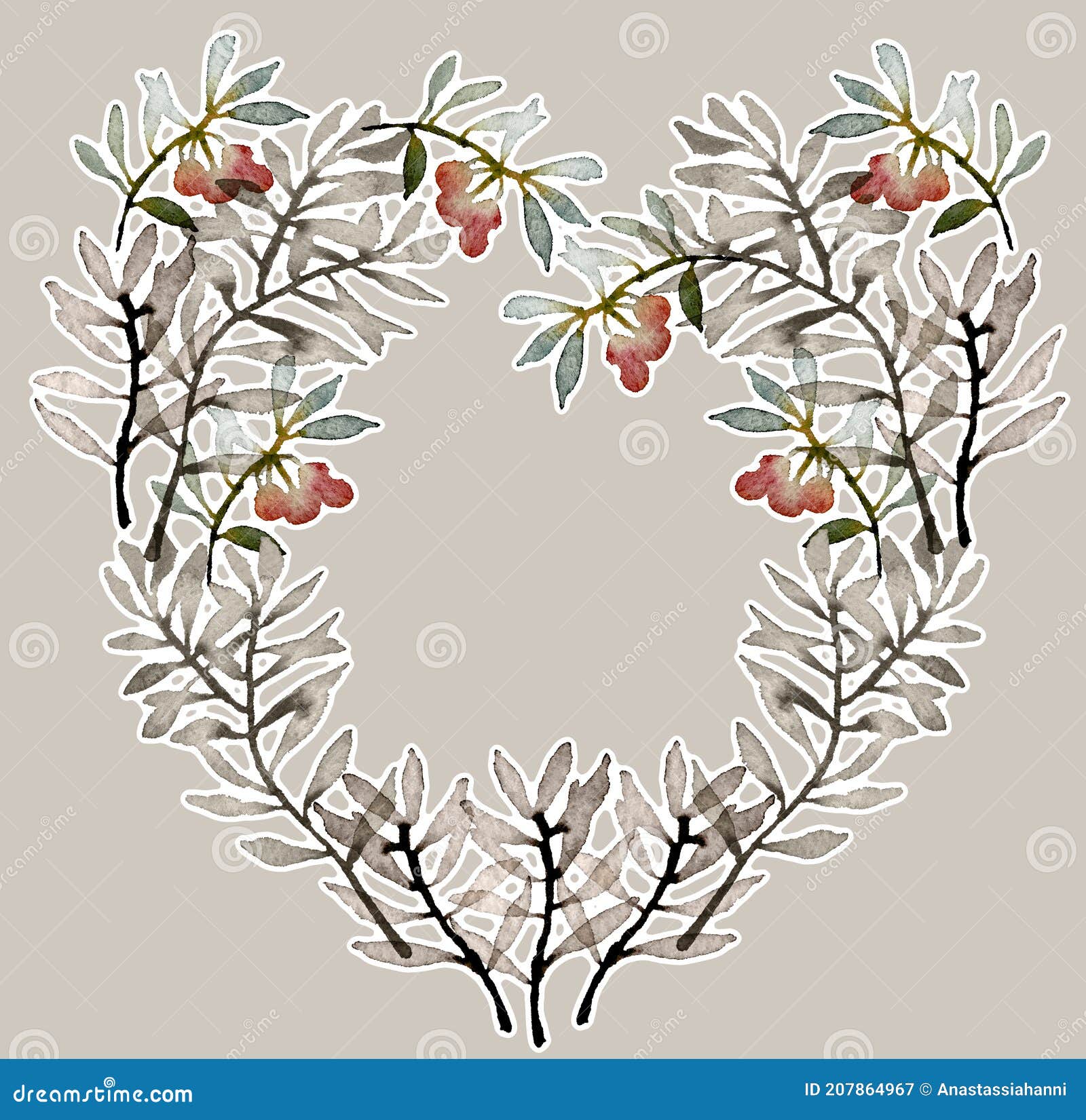 Heart Shaped Frame with Watercolor Berries, Leaves and Tree Branches ...