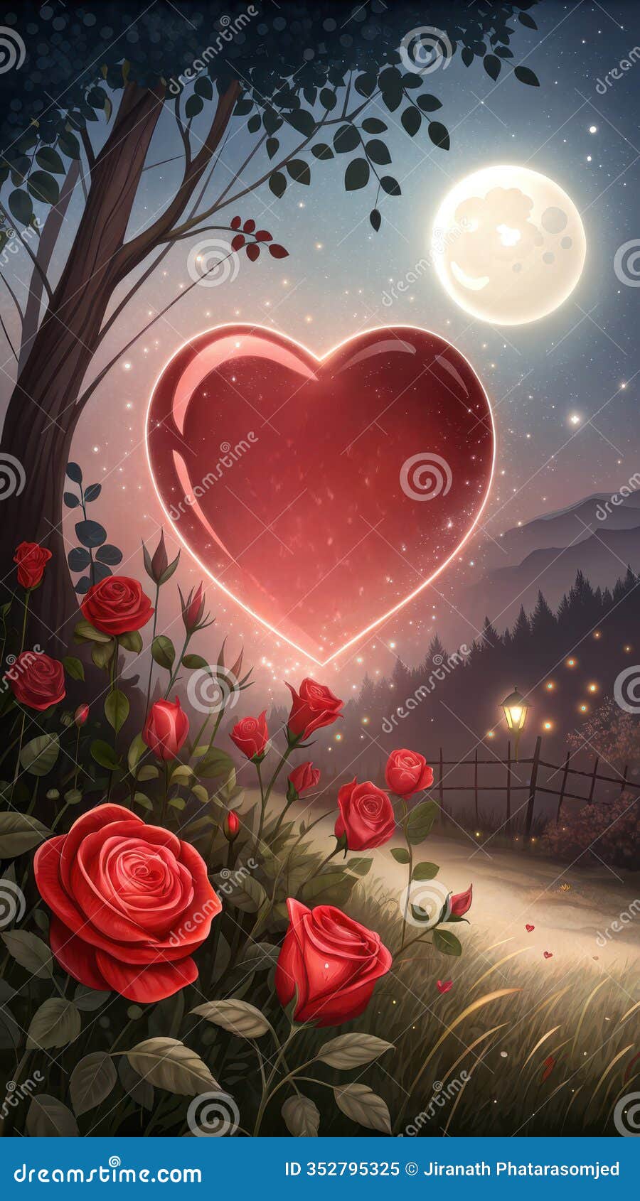 Heart Shaped Glow in Romantic Landscape with Roses and Moonlight Stock ...