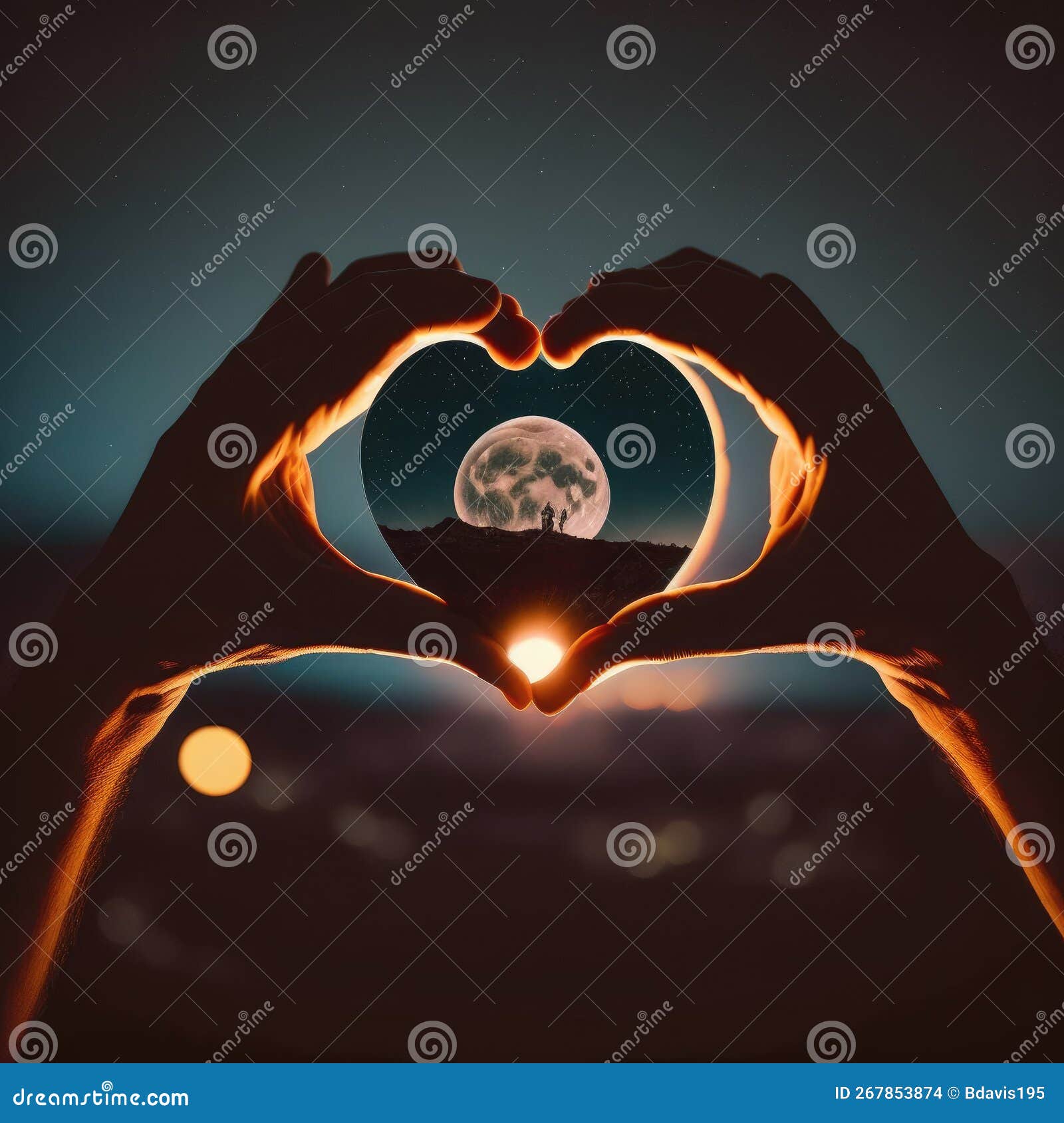 Heart Shaped Hands Centered on the Moon - Generative AI Stock ...