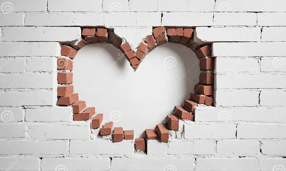 Heart-shaped Hole in White Brick Wall Formed by Red Bricks Stock ...