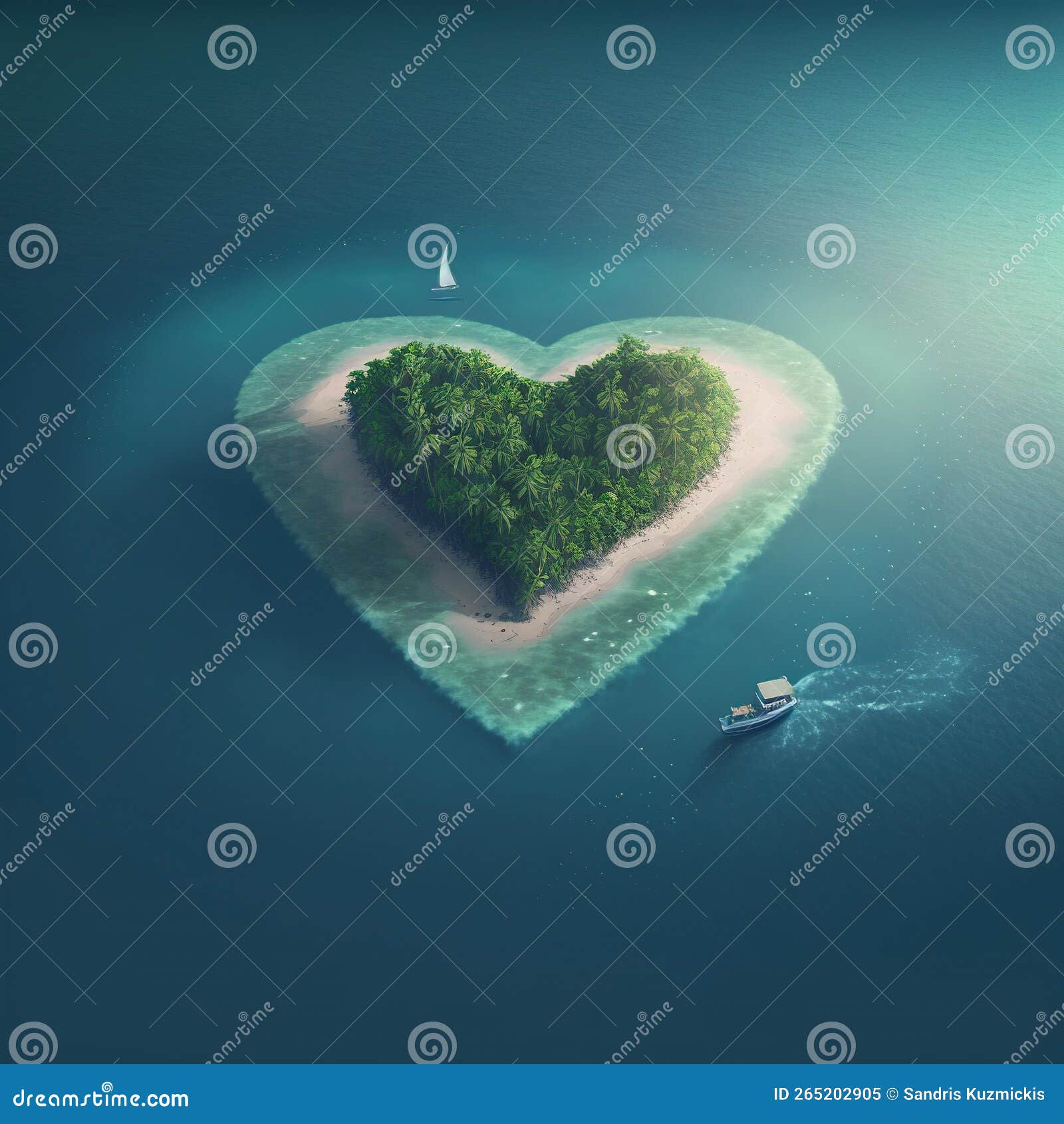 Heart Shaped Island and Ship. Generative AI Stock Illustration ...