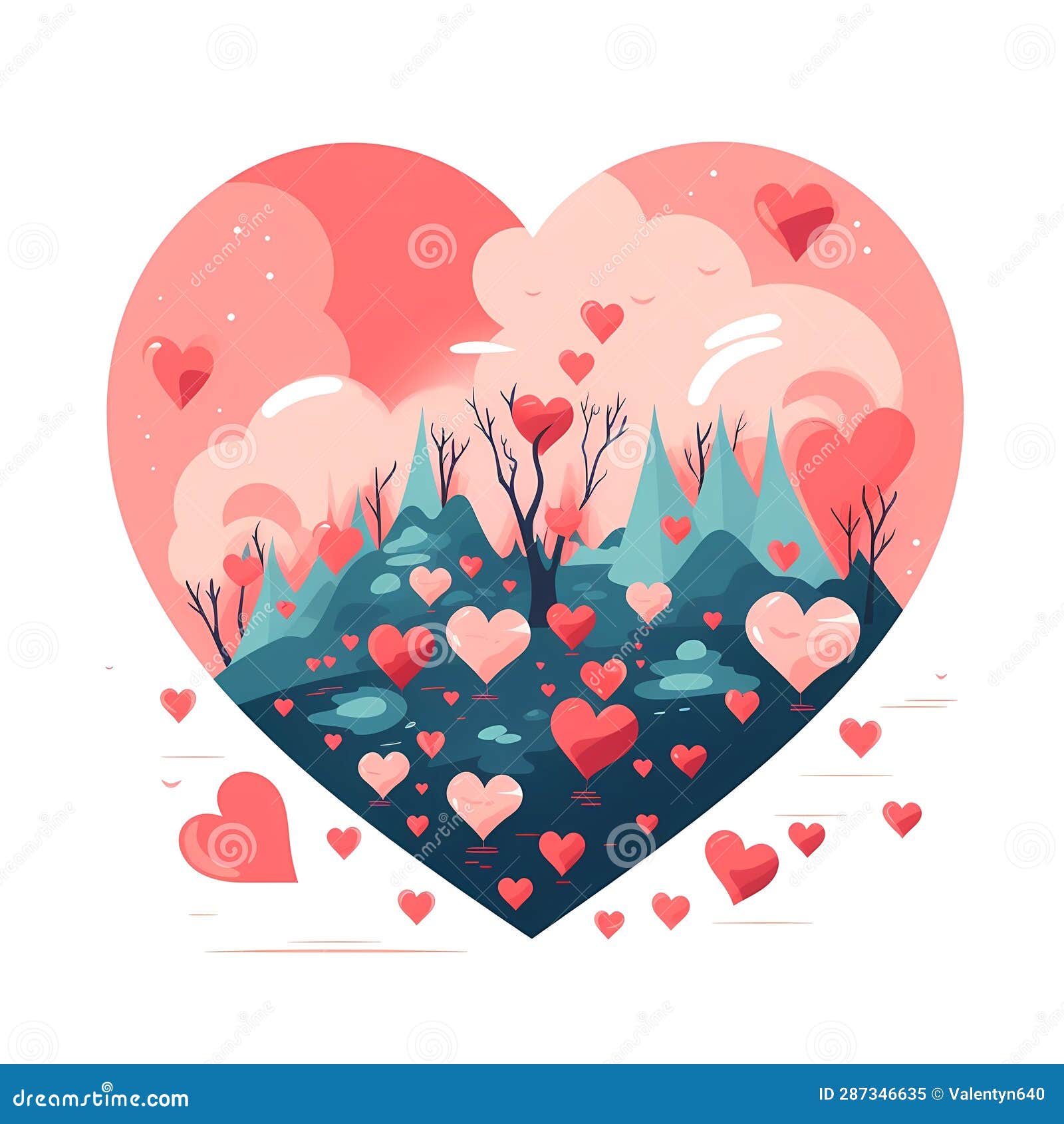 Heart - Shaped Landscape with Trees and Hearts Floating in the Air ...