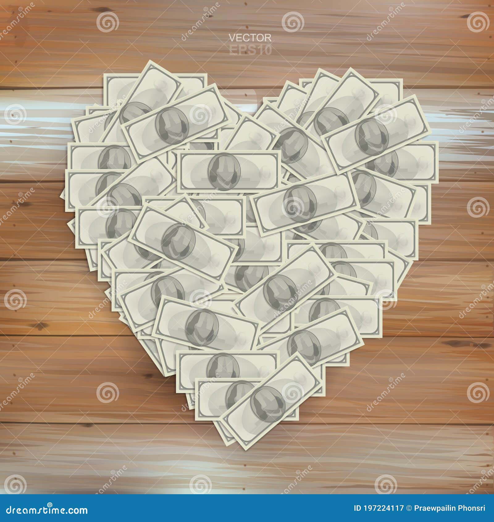 Heart Shaped of Money with Many Dollar Banknotes. Vector Stock Vector ...