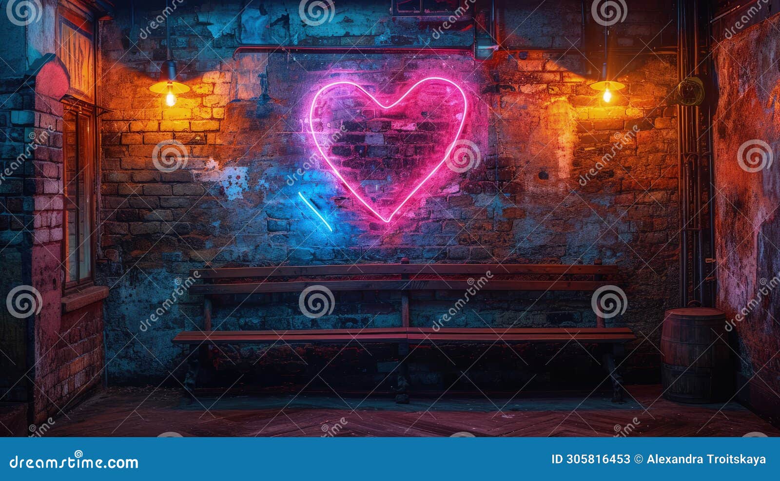 A Heart-shaped Neon Sign Casts a Romantic Glow in a Rustic Urban Space ...