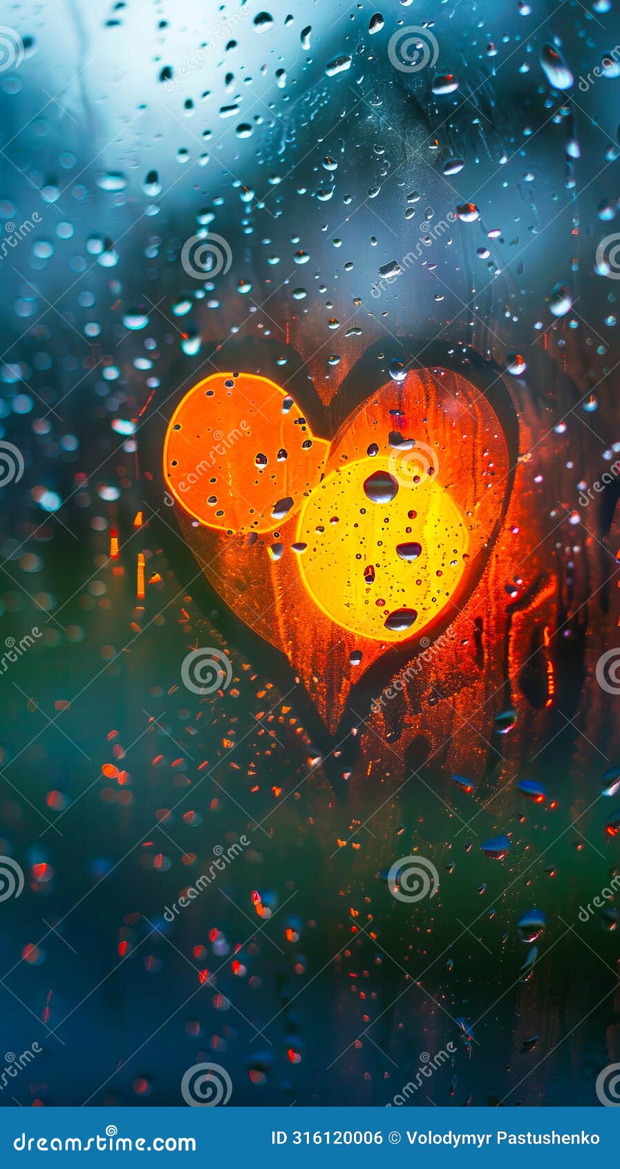 A Heart Shaped Orange Light is Seen through a Rainy Window Stock Photo ...