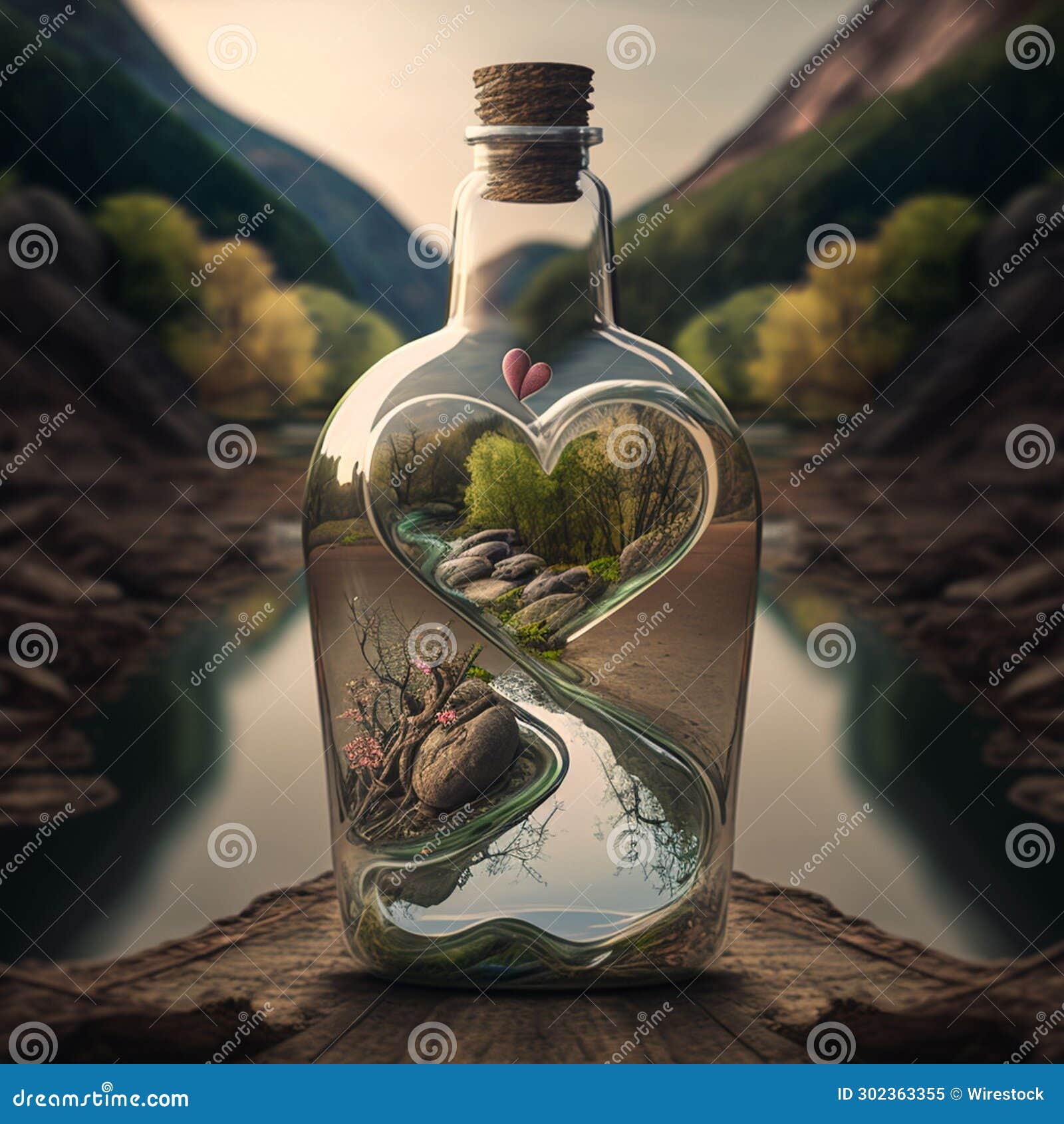 A Heart Shaped Picture is Inside a Bottle on a Log Stock Illustration ...