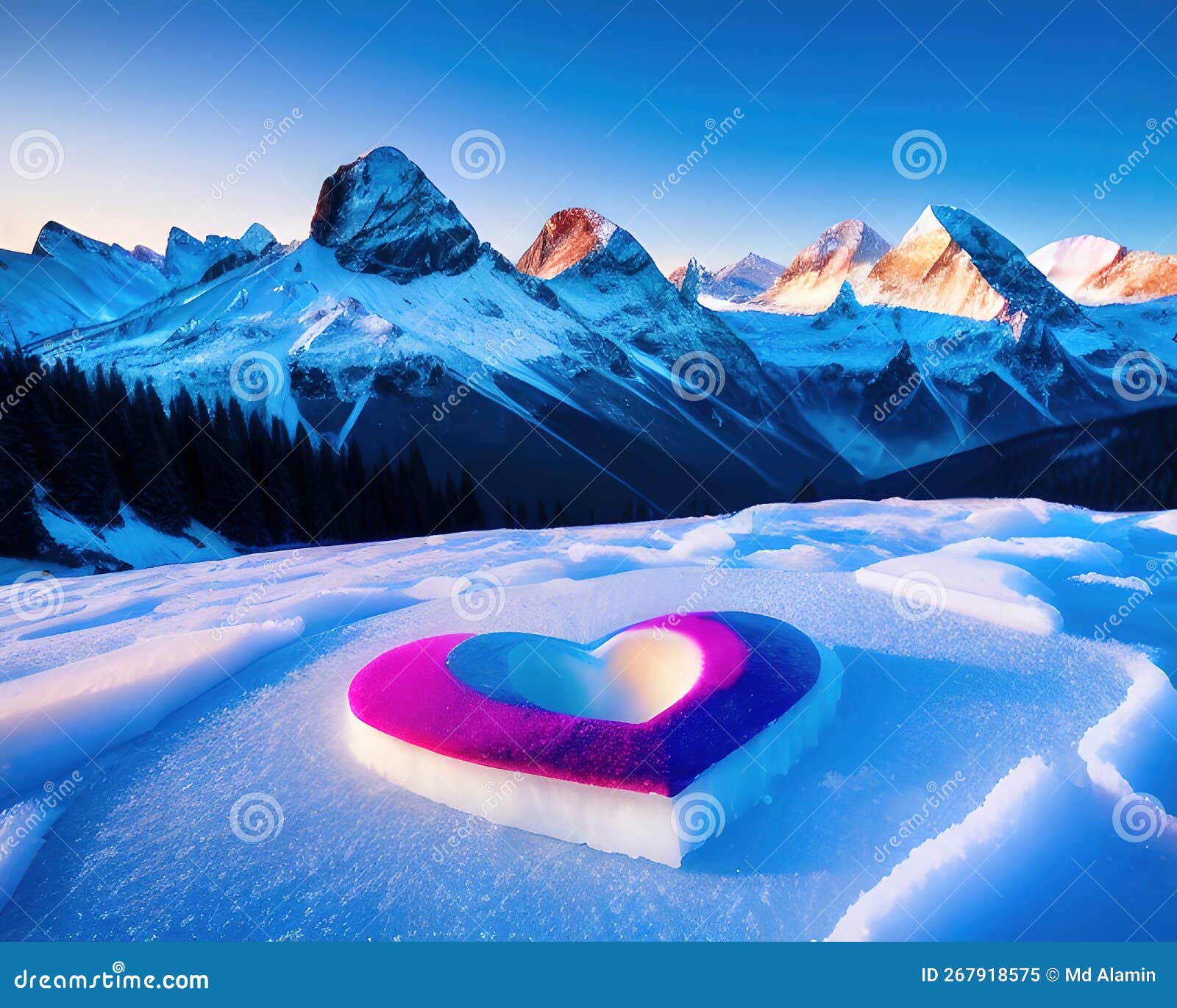 A Heart Shaped Piece of Ice with Mountains Background by AI Generated ...
