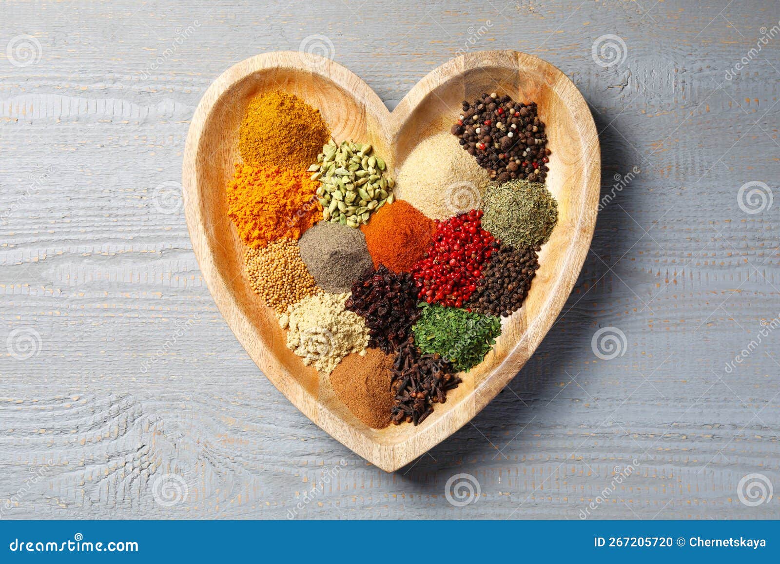 Heart Shaped Plate with Different Spices on Grey Wooden Table, Top View ...