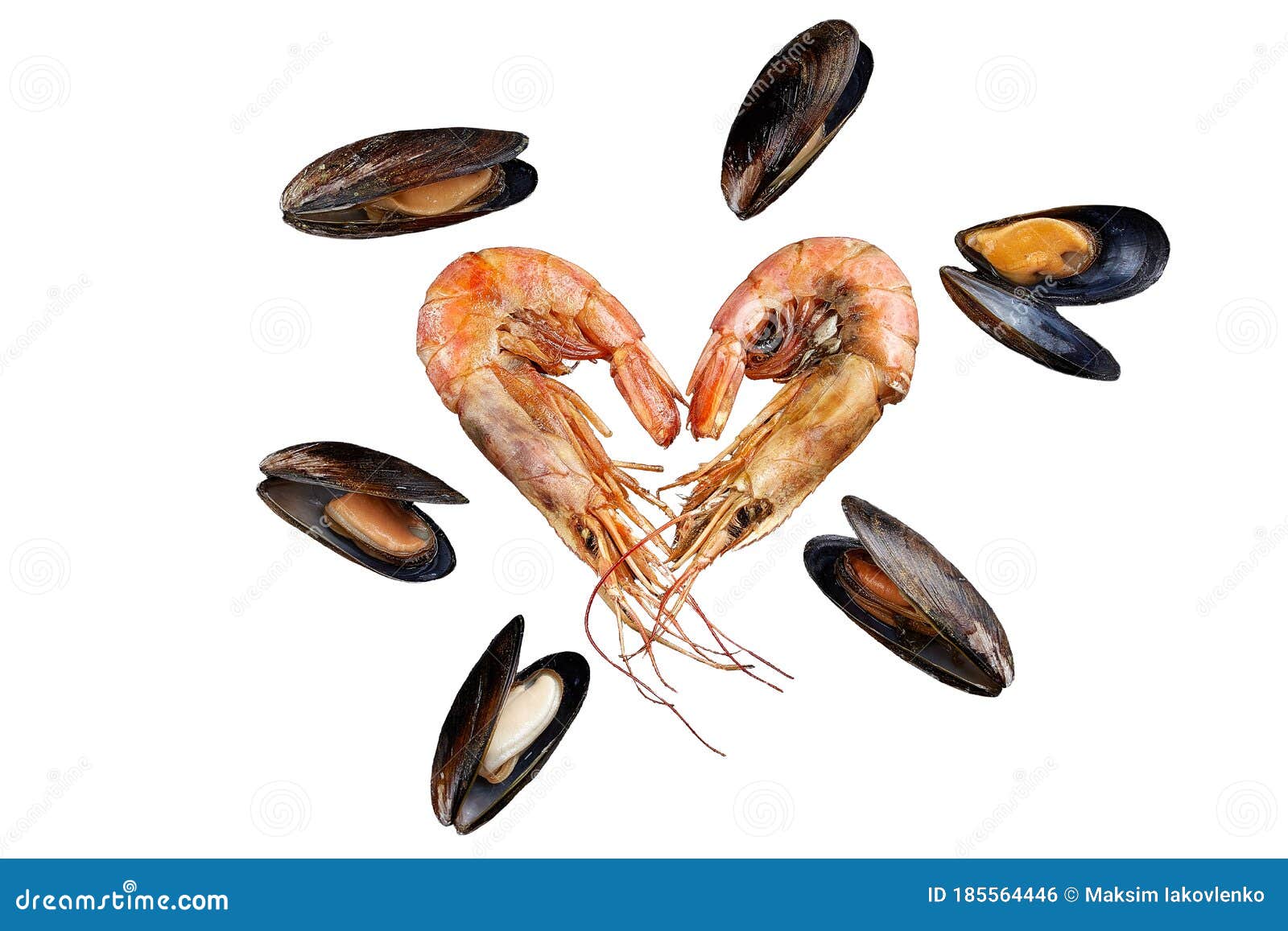 Heart-shaped Prawns and Mussels, Isolated Stock Photo - Image of shape ...