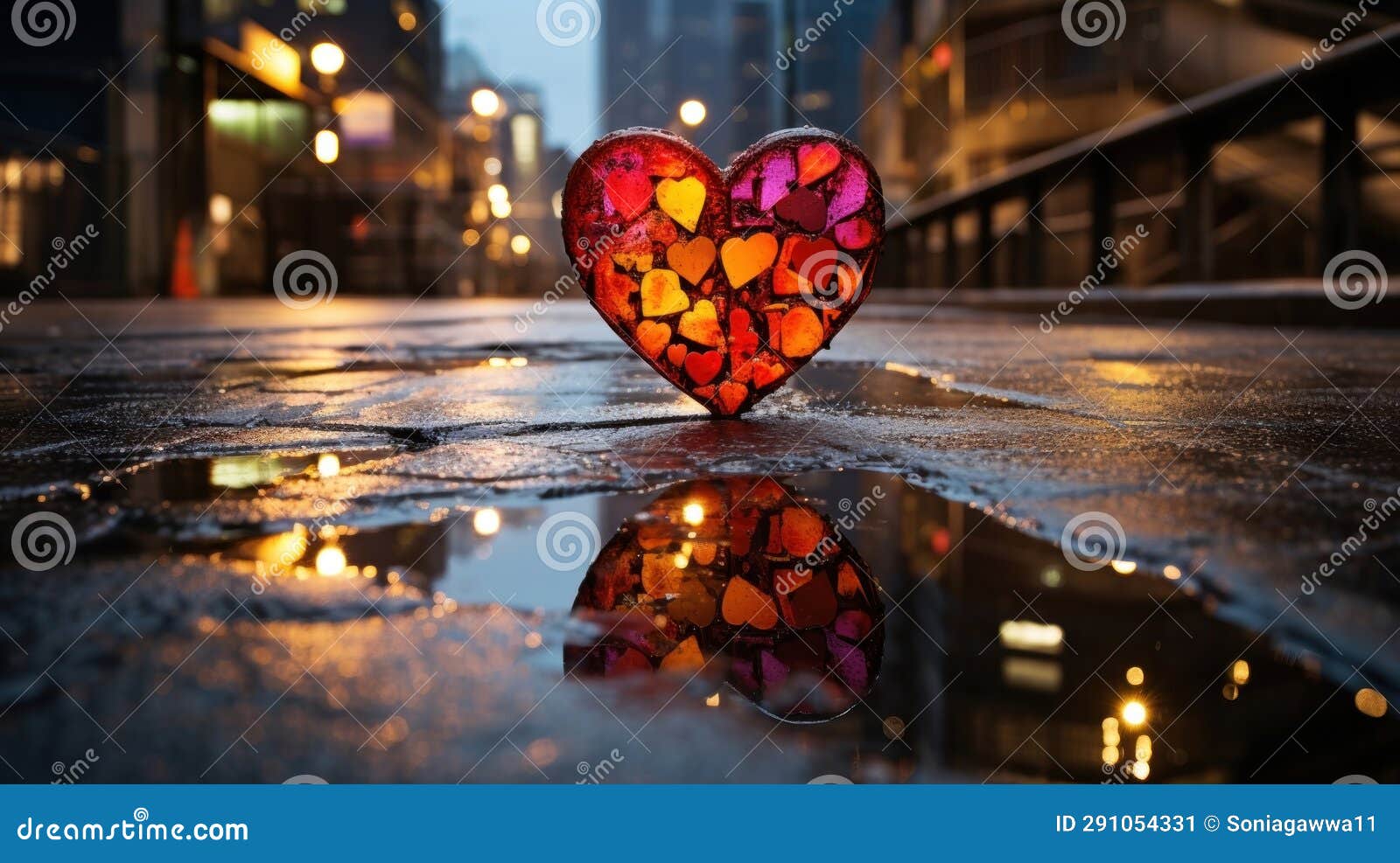 A Heart-shaped Puddle Reflecting a Vibrant Cityscape after a Rainfall ...