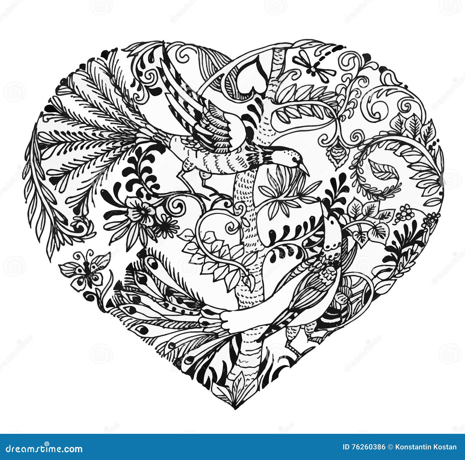 Heart Shaped Sketch Illustration of Birds on Twig Stock Vector ...