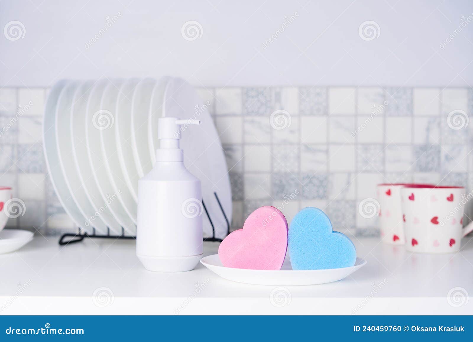Heart Shaped Sponges, Dish Wash Soap in the White Container and Clean ...