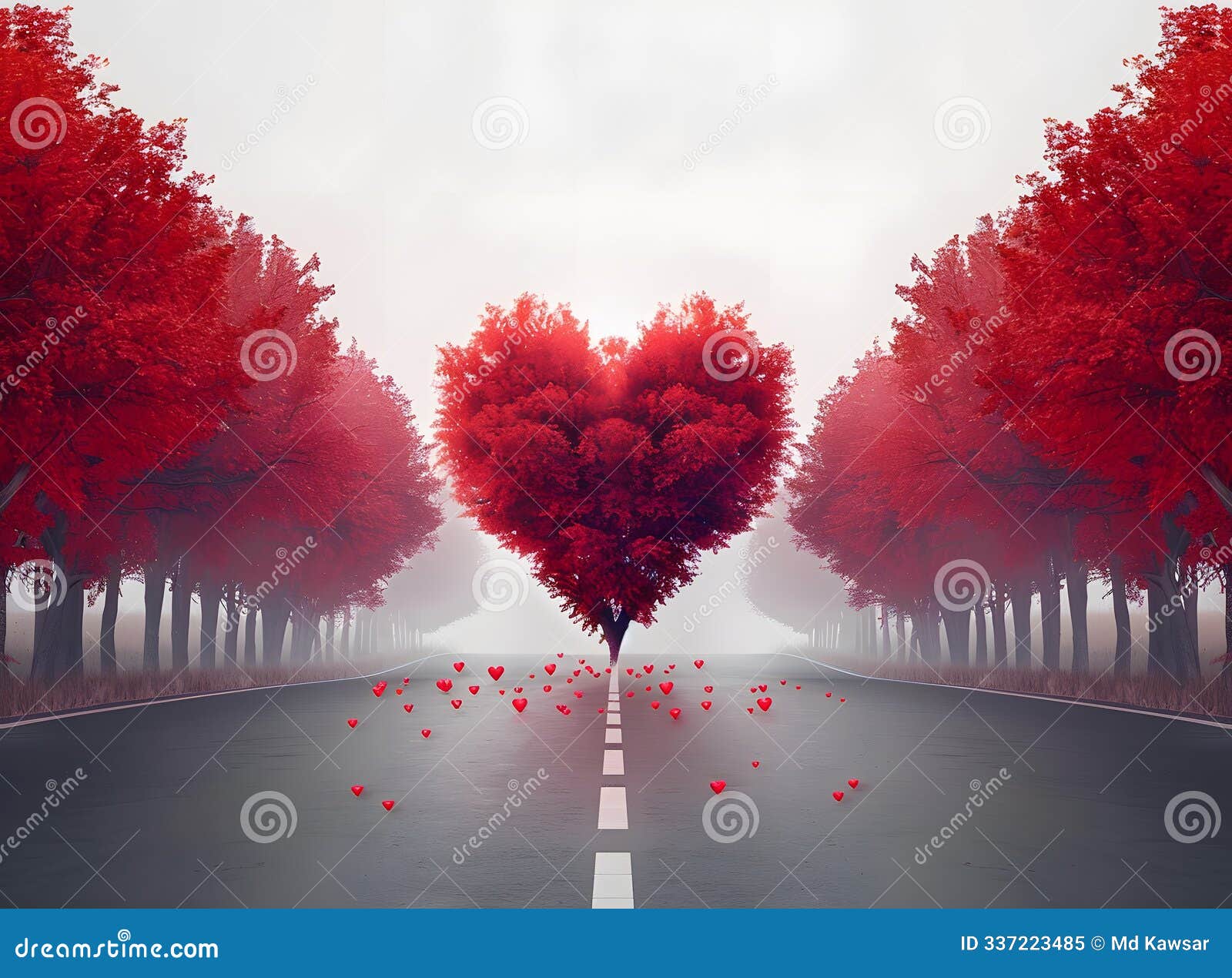 Heart Shaped Tree on Road with Red Trees Stock Illustration ...